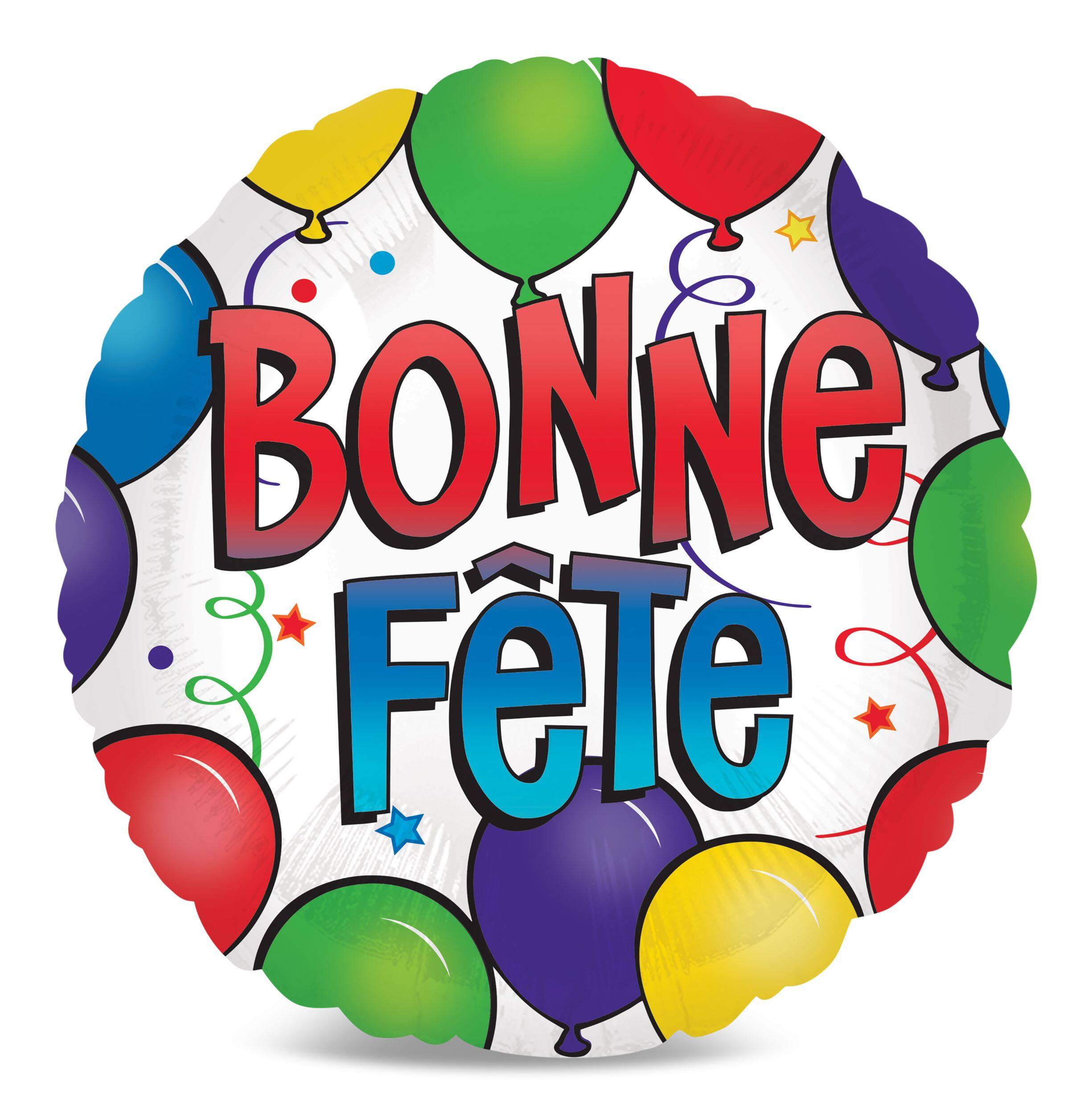 "Bonne Fête" French Round Satin Foil Balloon, Multi-Coloured, 18-in, Helium Inflation & Ribbon ...