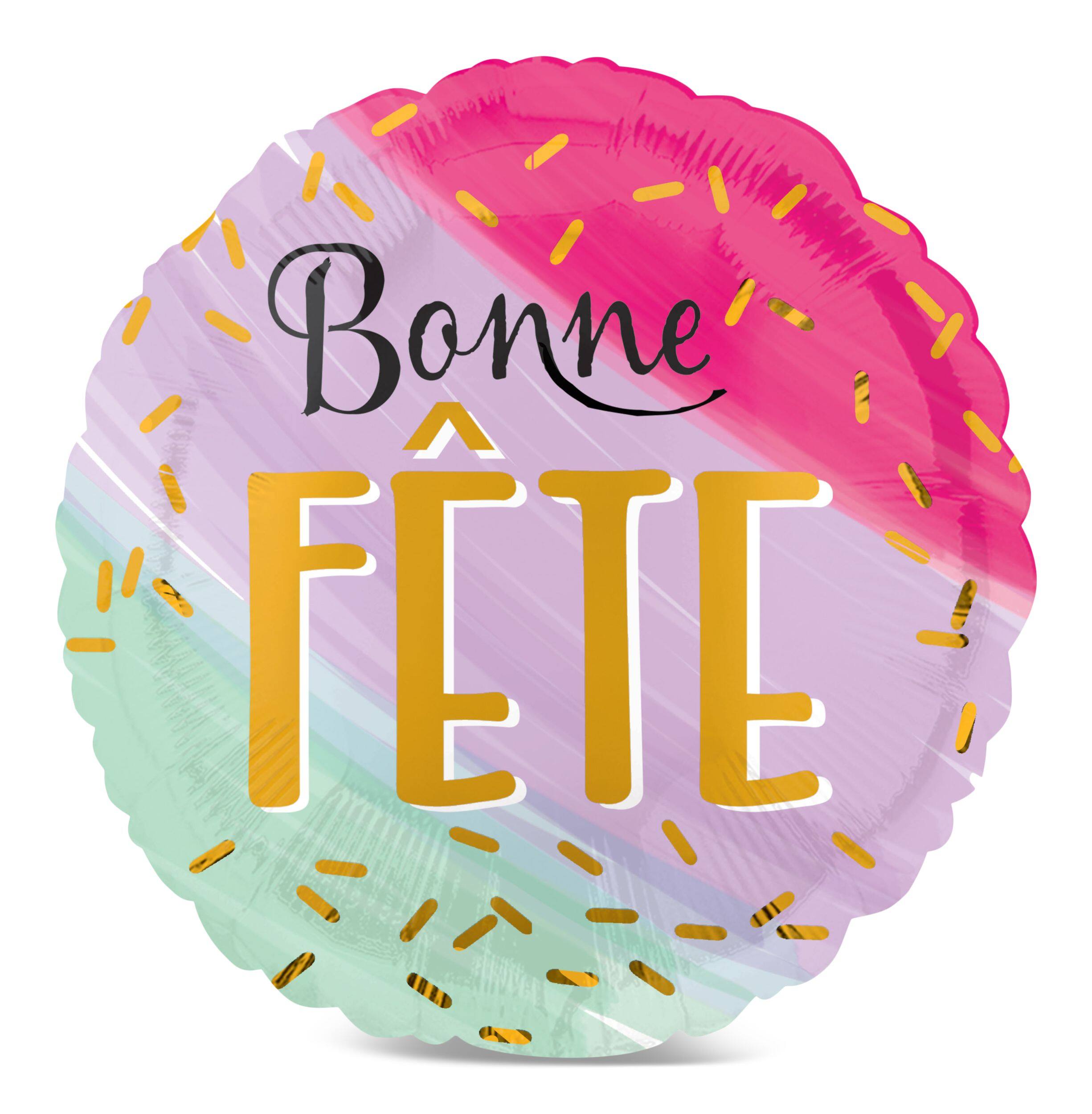 "Bonne Fête" French Round Satin Foil Balloon, Pink/Purple/Green, Watercolour, 28-in, Helium ...