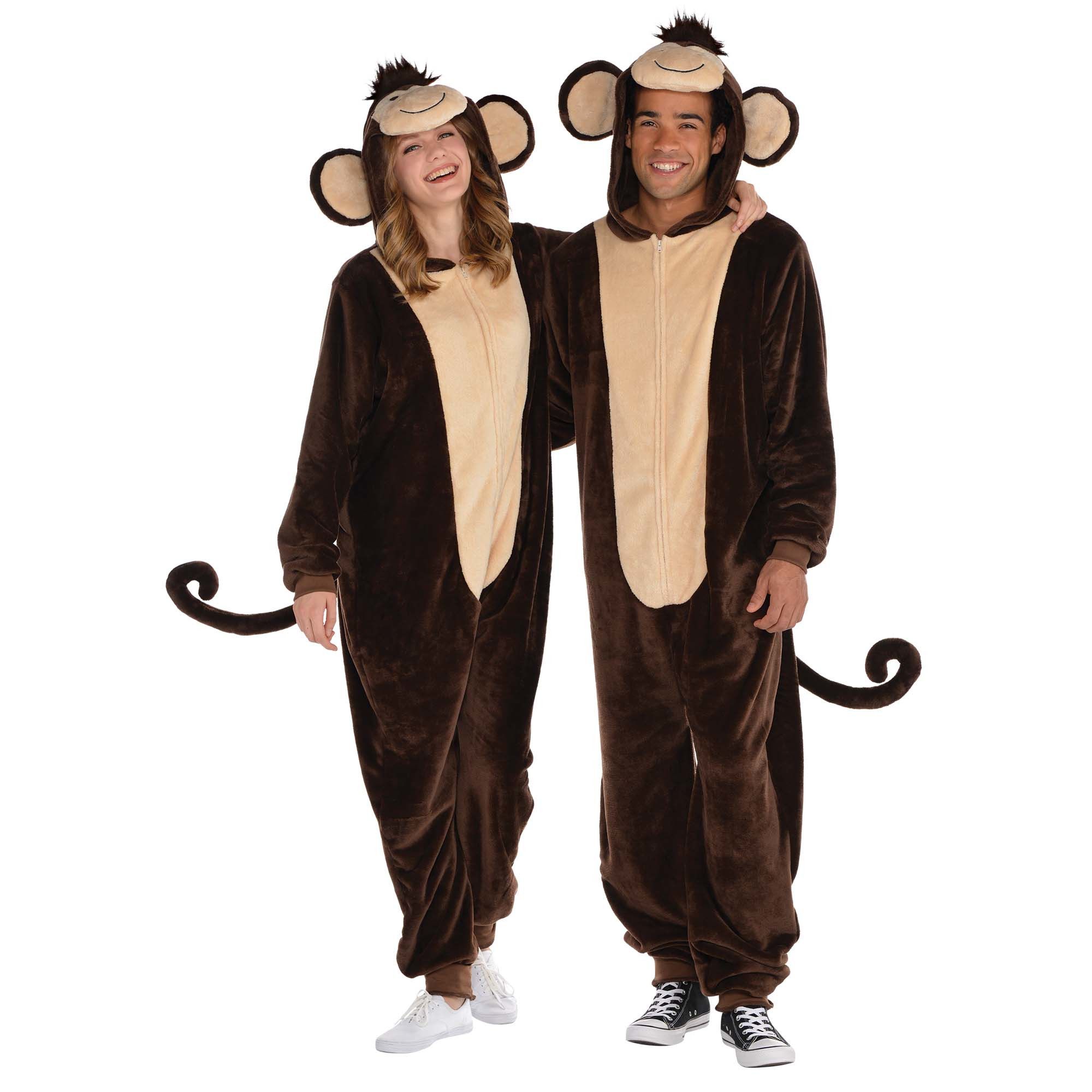 Adult Monkey Brown Jumpsuit with Hood & Tail Halloween Costume ...