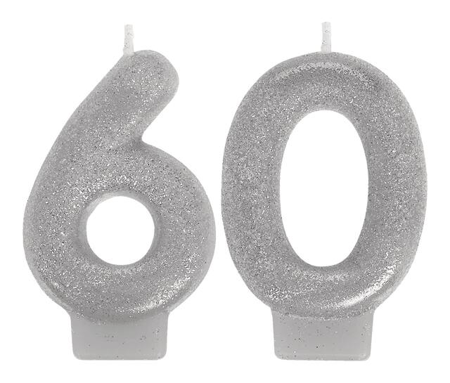 "60" Number Glitter Wax Candle, Silver, 3-in, 2-pk, for Birthday Party ...