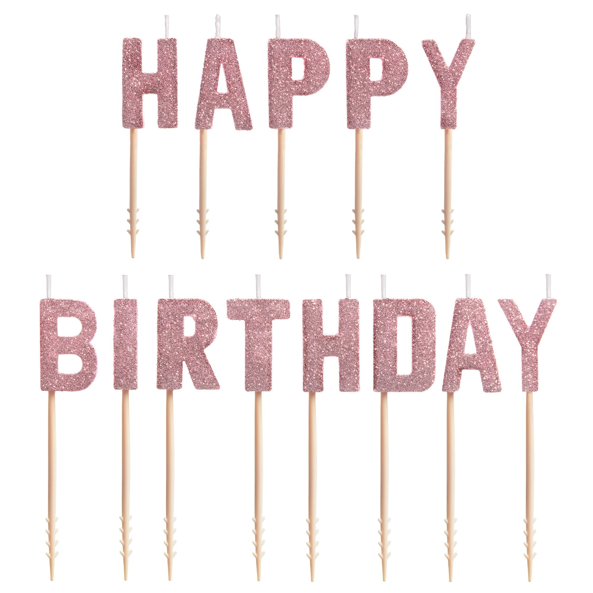 "Happy Birthday" Letter Glitter Toothpick Candles, Rose Gold, 3-in, 13 ...