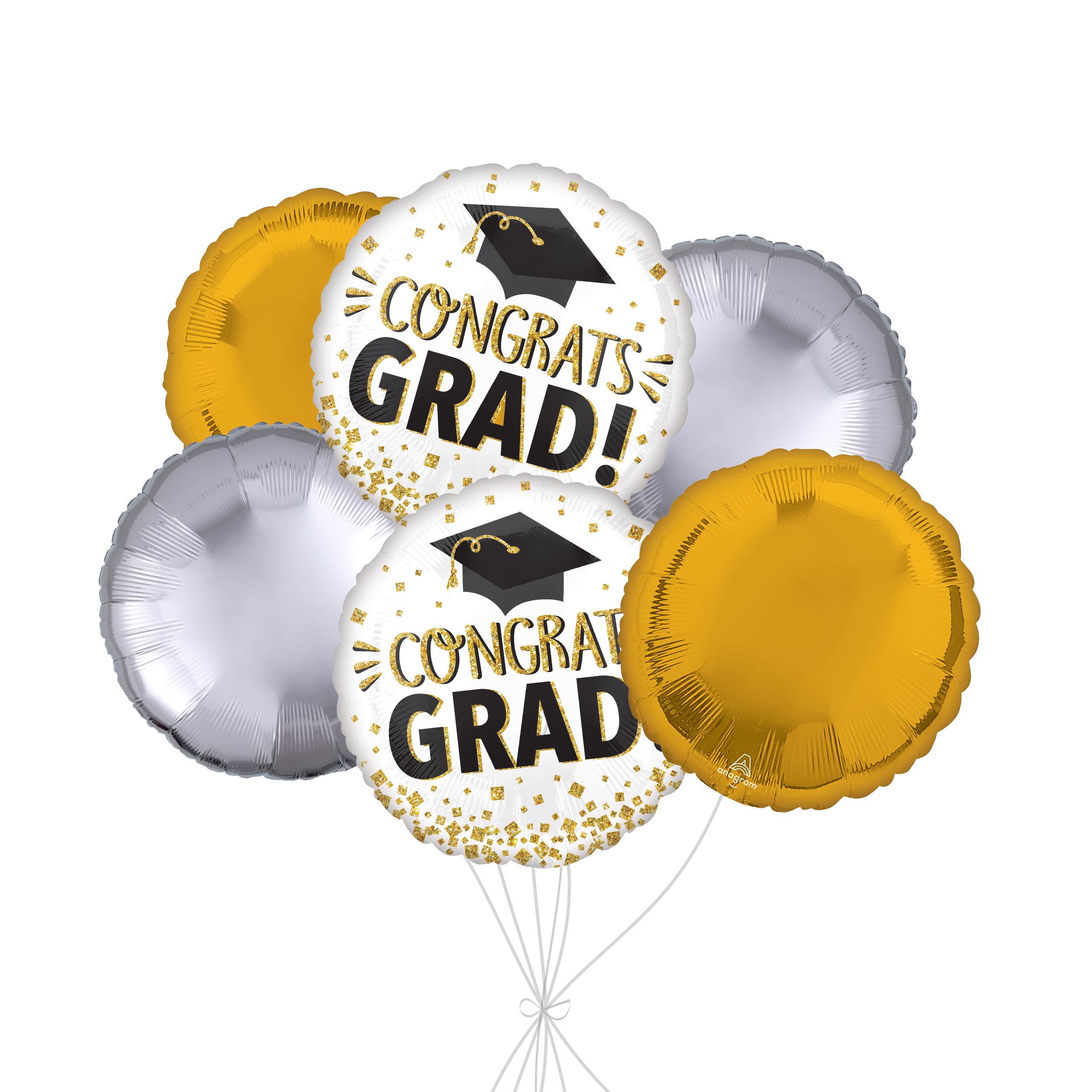 "Congrats Grad!" Glitter Balloon Bouquet with Round Foil Balloons, Gold ...