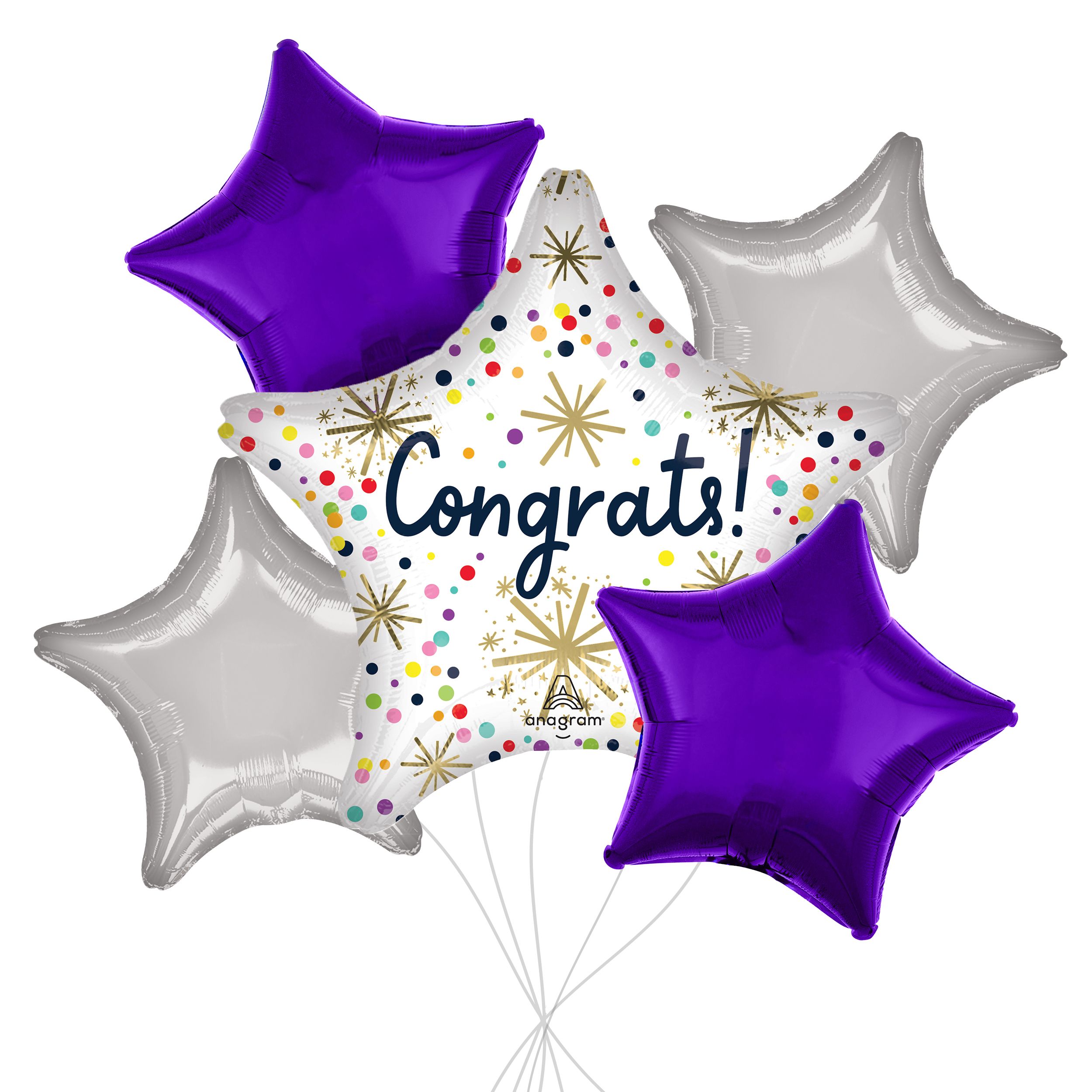 Bouquet de ballons métalliques satinés étoilés et paillettes Congrats ...
