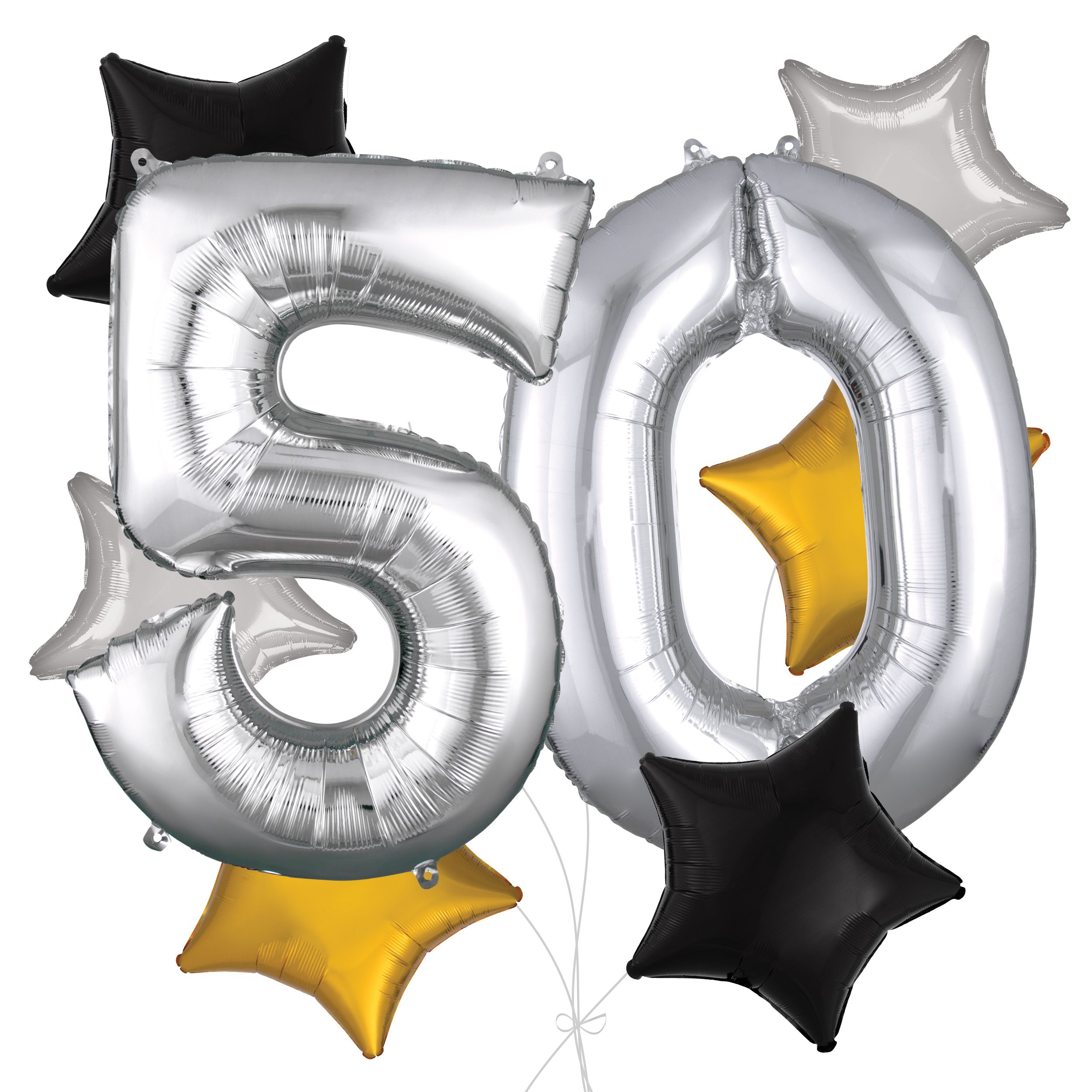 Number "50" Silver Balloon Bouquet with Star Foil Balloons, Silver ...