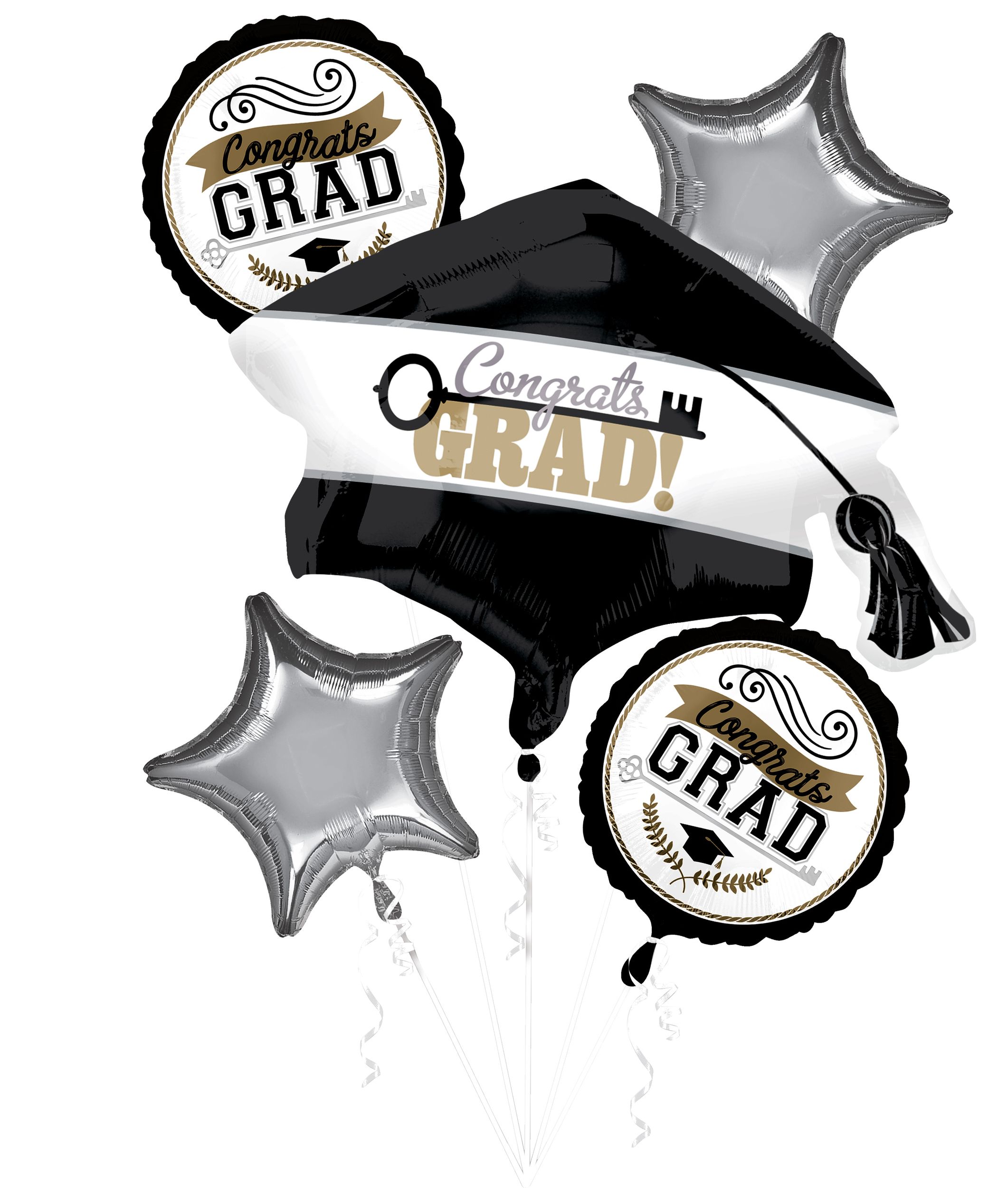 "Congrats Grad" Graduation Cap Satin Foil Balloon Bouquet, Silver/Black ...