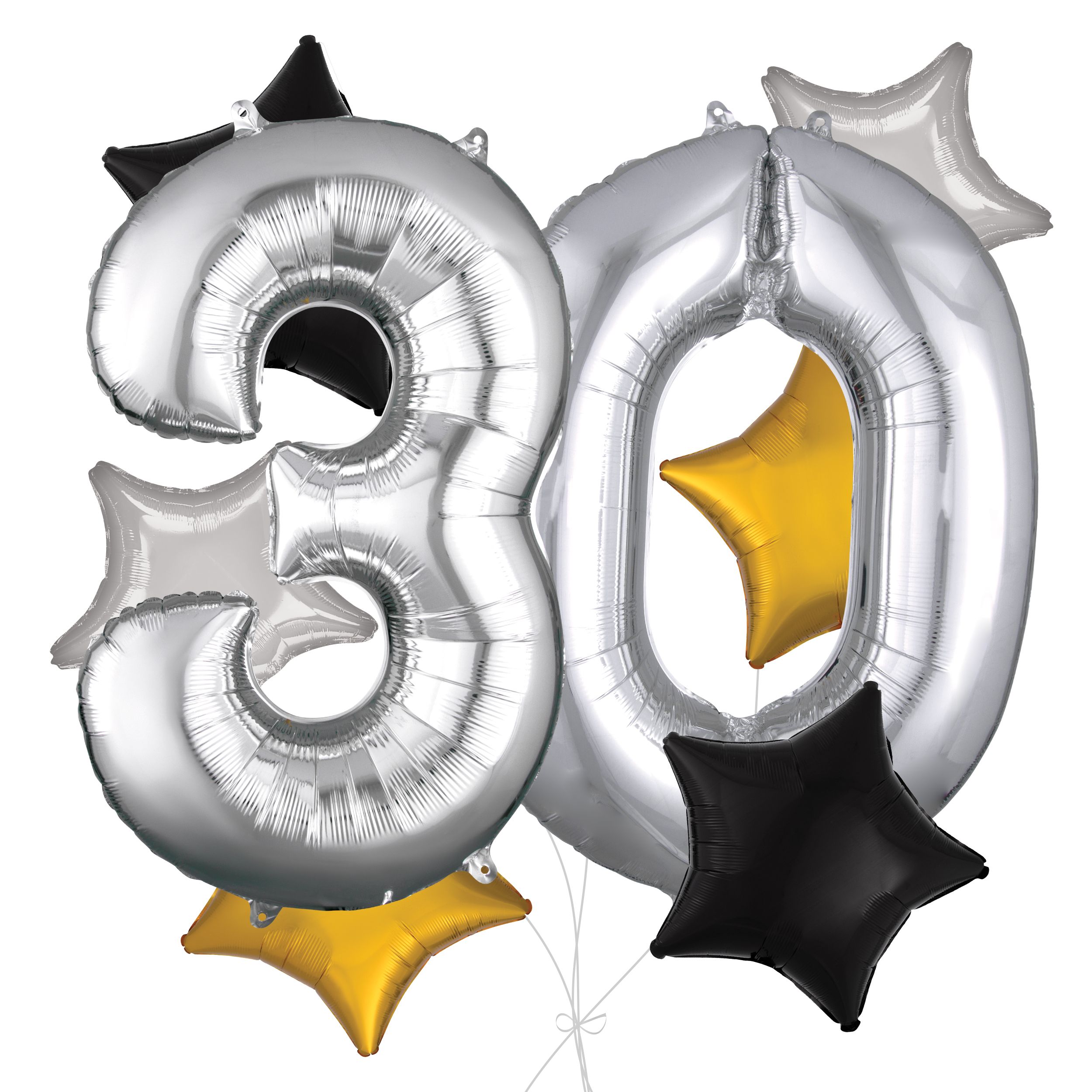 Number "30" Silver Balloon Bouquet with Star Foil Balloons, Silver ...