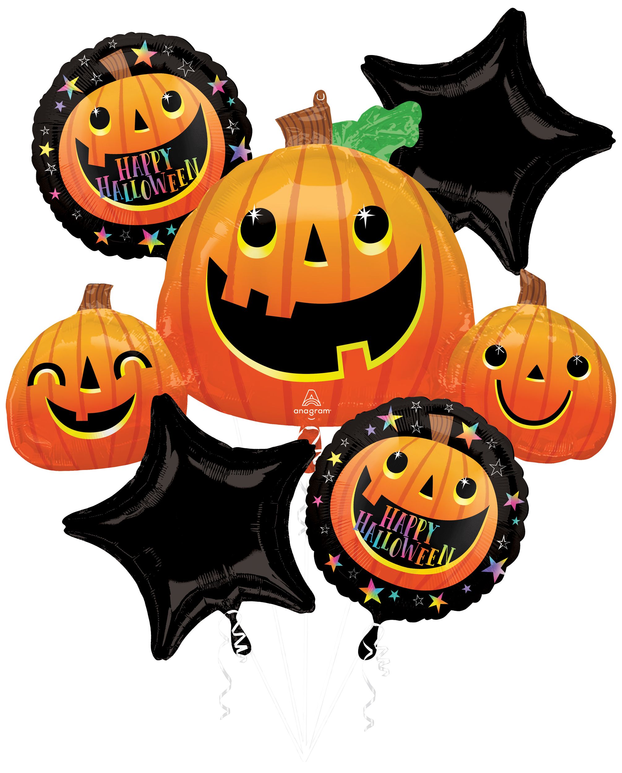 "Happy Halloween" Pumpkin/Star/Round Satin Foil Balloon Bouquet, Orange ...
