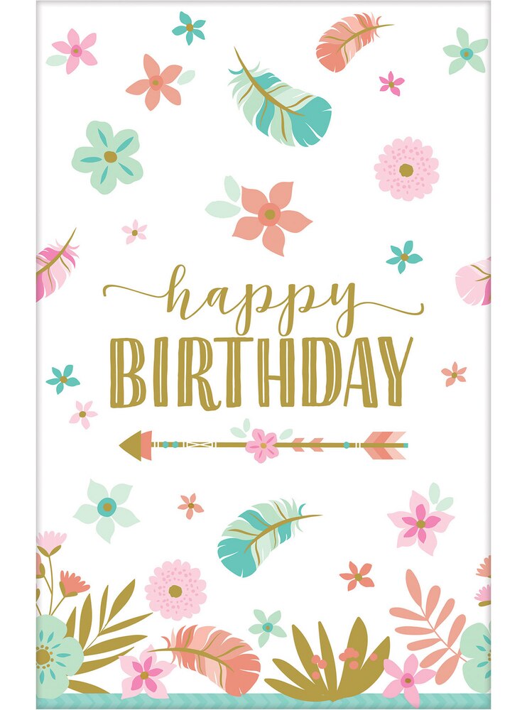 Boho Girl Happy Birthday Paper Table Cover features Flowers & Feathers ...