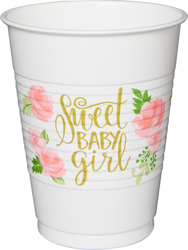 Floral Baby "Sweet Baby Girl" Plastic Reusable Cups, White/Pink/Green ...