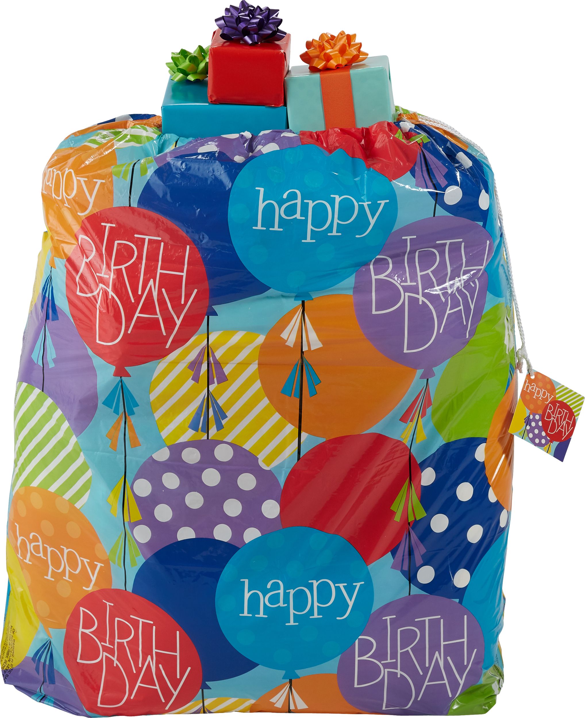 "Happy Birthday" Reusable Gift Sack Bag with Tag, Blue/Red, Balloons ...