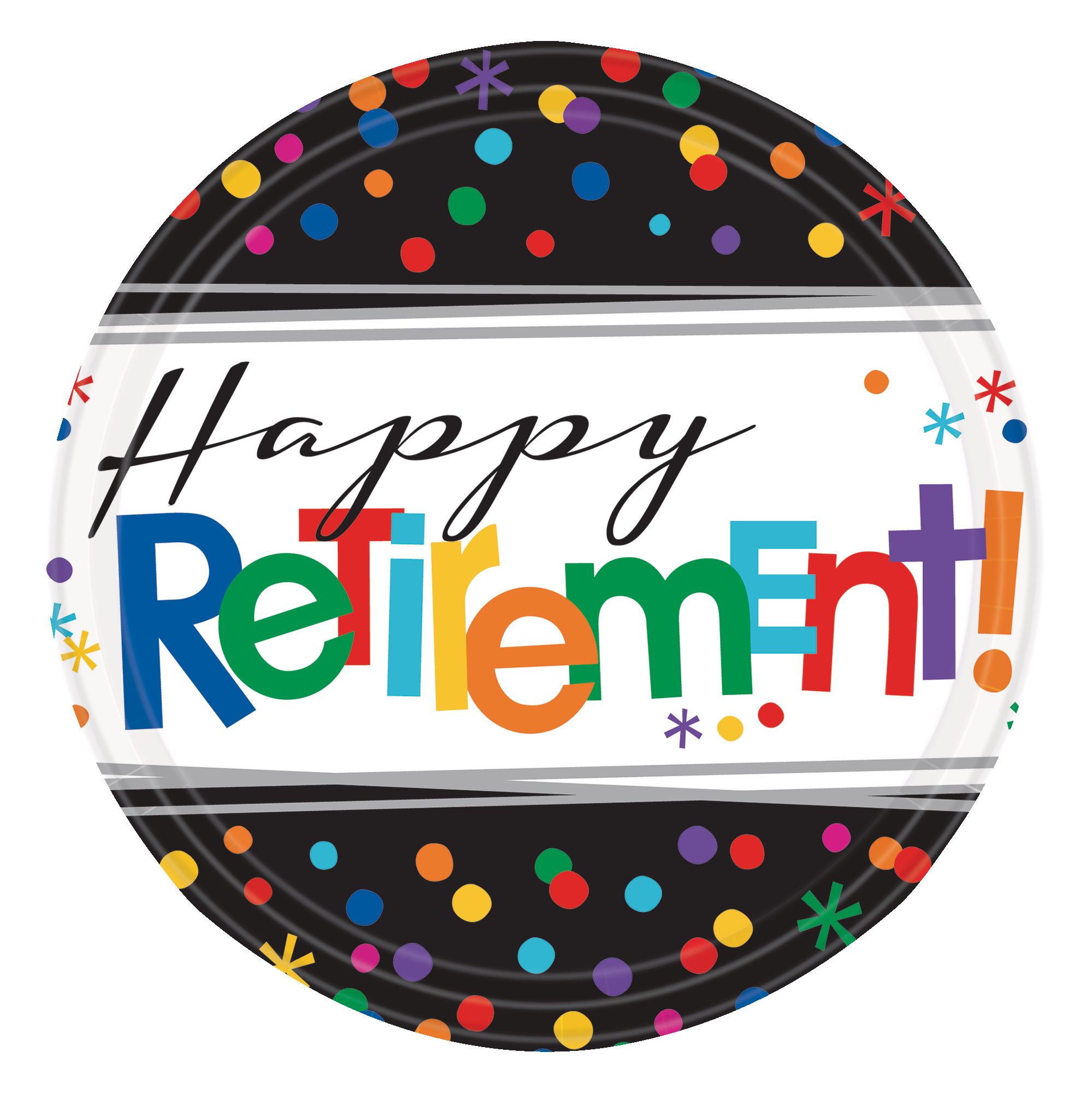 "Happy Retirement" Round Paper Disposable Dessert Plates, Black/Multi ...