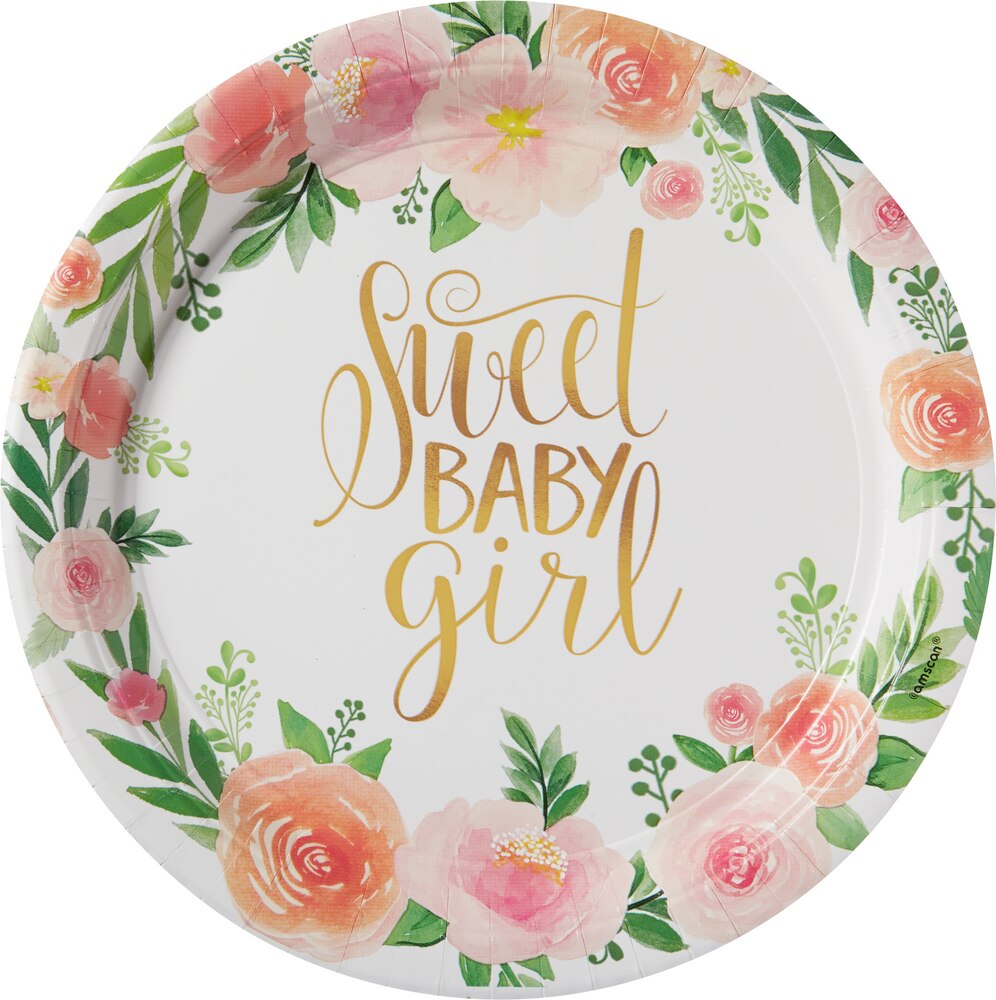 Floral Baby "Sweet Baby Girl" Round Paper Disposable Dinner Plates ...
