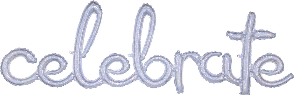 "Celebrate" Cursive Letters Satin Foil Balloon, Prismatic Silver, 59x20 ...