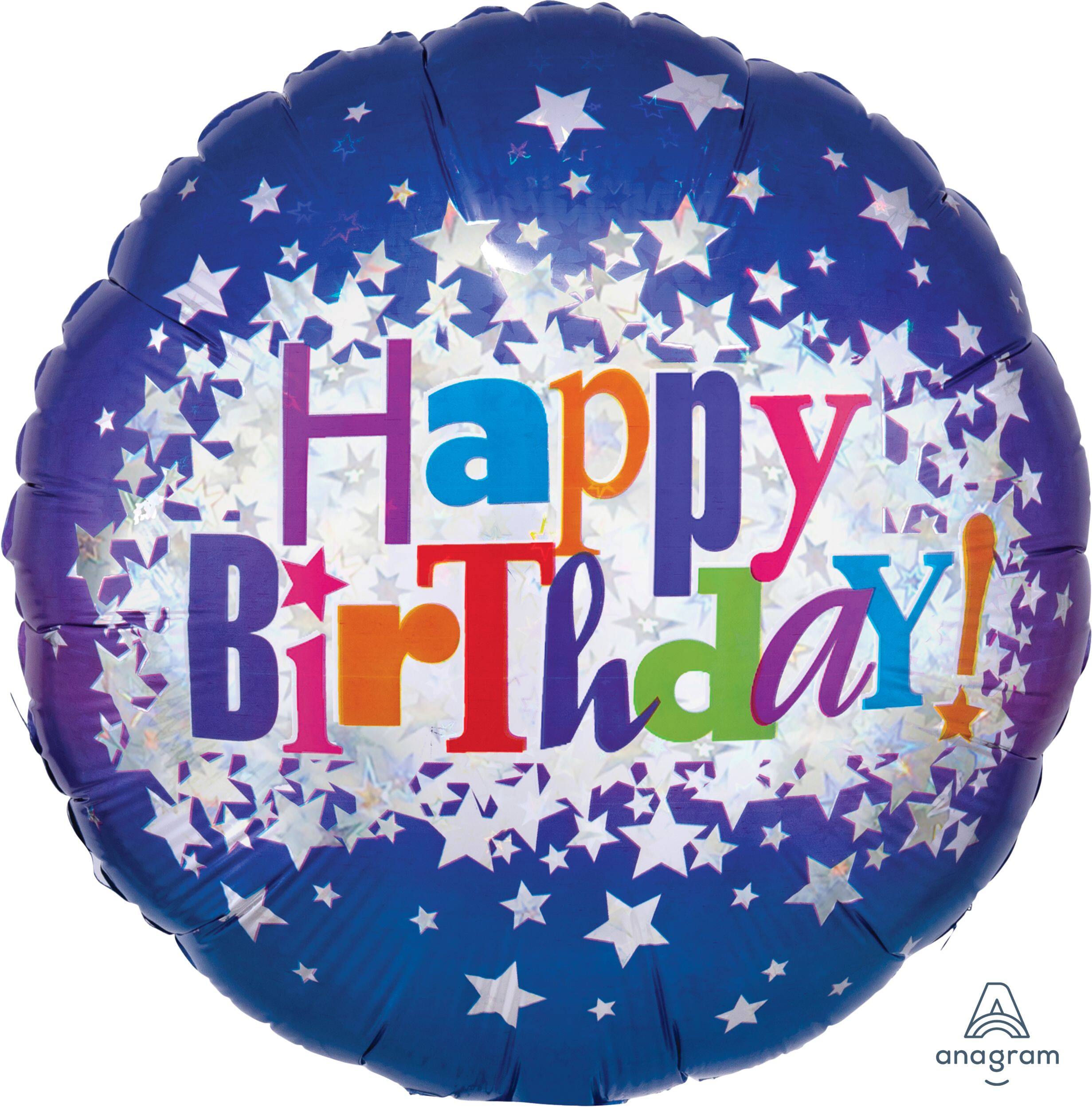 Ballon En Aluminium Satiné Rond Happy Birthday Bleu Mauve étoiles 17