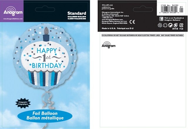 Cupcake 1st Birthday Foil Balloon, Helium Inflation Included, Blue, 18 ...