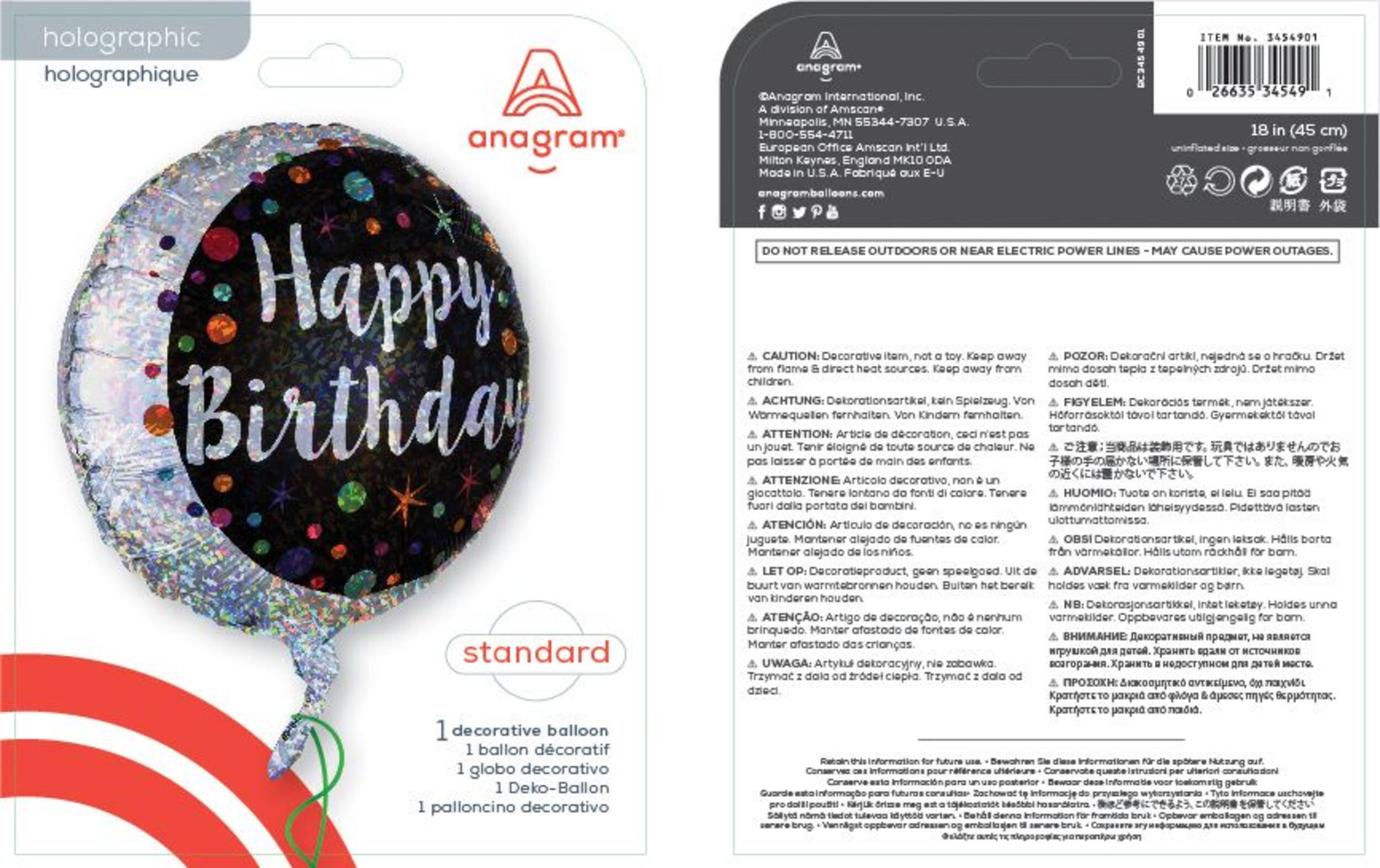 Ballon En Aluminium Satiné Rond Happy Birthday Argent Noir à Pois 17