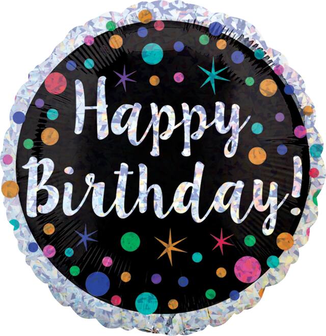 Ballon En Aluminium Satiné Rond Happy Birthday Argent Noir à Pois 17