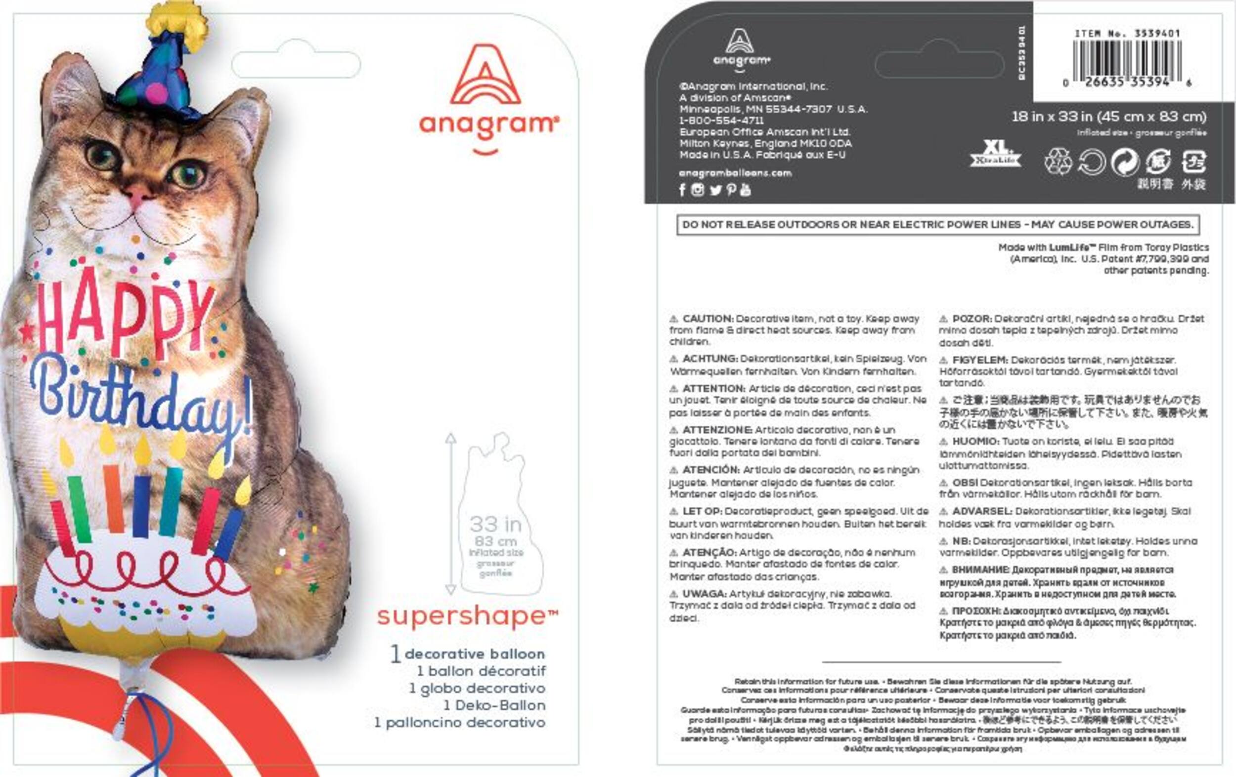 "Happy Birthday" Cat Satin Foil Balloon, Brown, 33-in, Helium Inflation ...