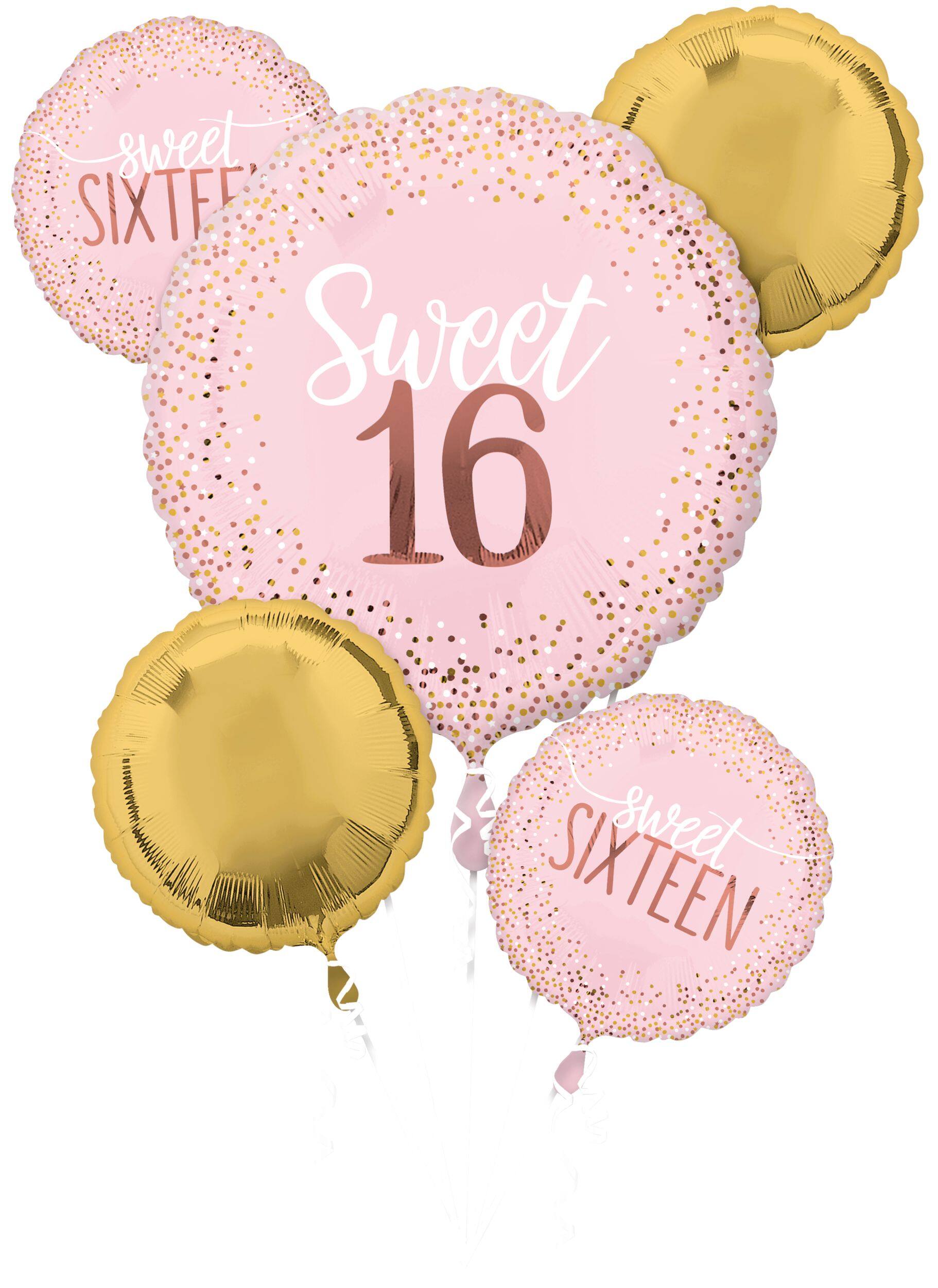 "Sweet Sixteen" Round Satin Foil Balloon Bouquet, Pink/Gold, Polka Dot ...