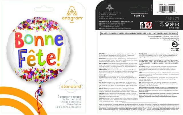 "Bonne Fête" French Round Satin Foil Balloon, White/Multi-Coloured, Polka Dot, 18-in, Helium ...