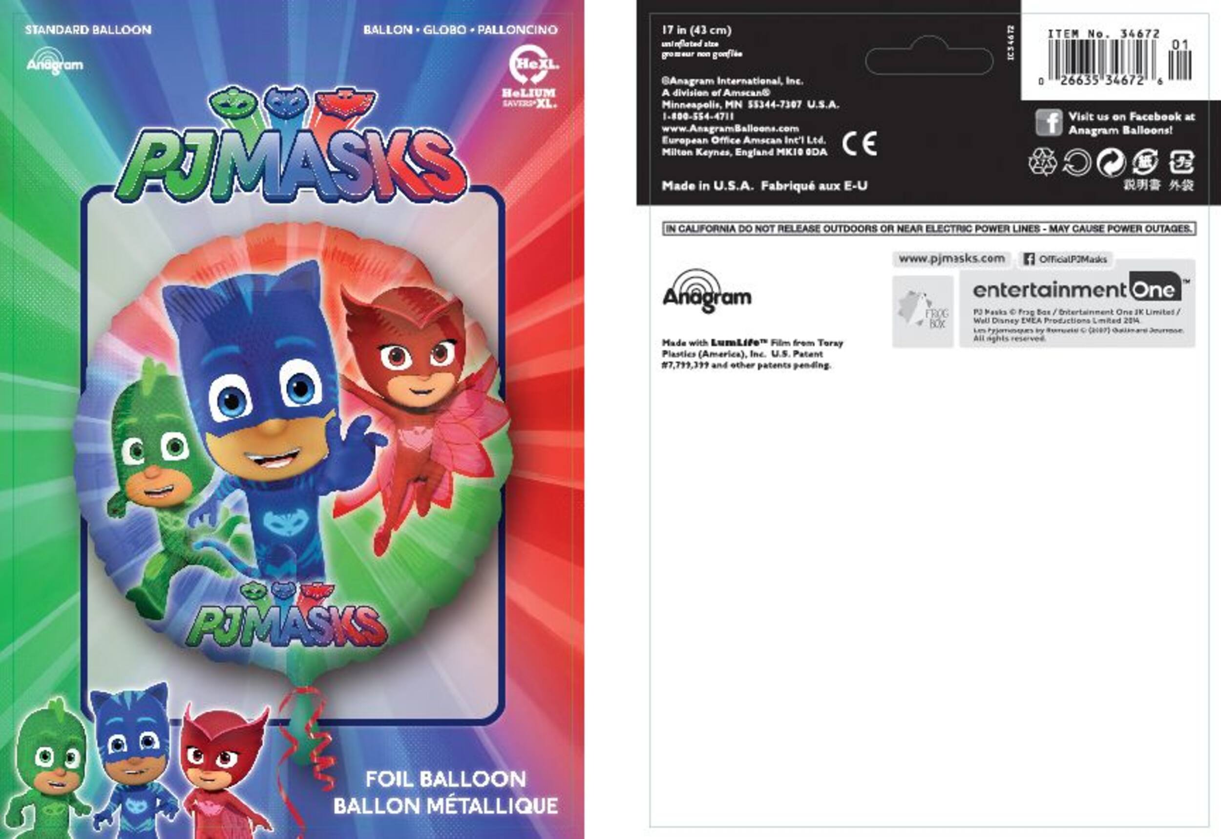 PJ Masks Catboy/Owlette/Gekko Round Satin Foil Balloon, Blue/Green/Red ...