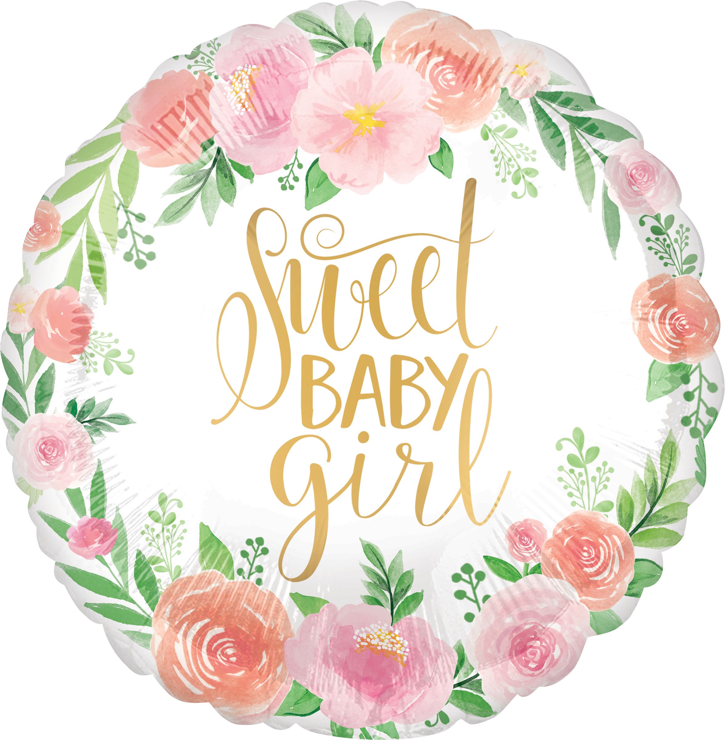 Floral Baby "Sweet Baby Girl" Round Satin Foil Balloon, Pink/Green/Gold ...