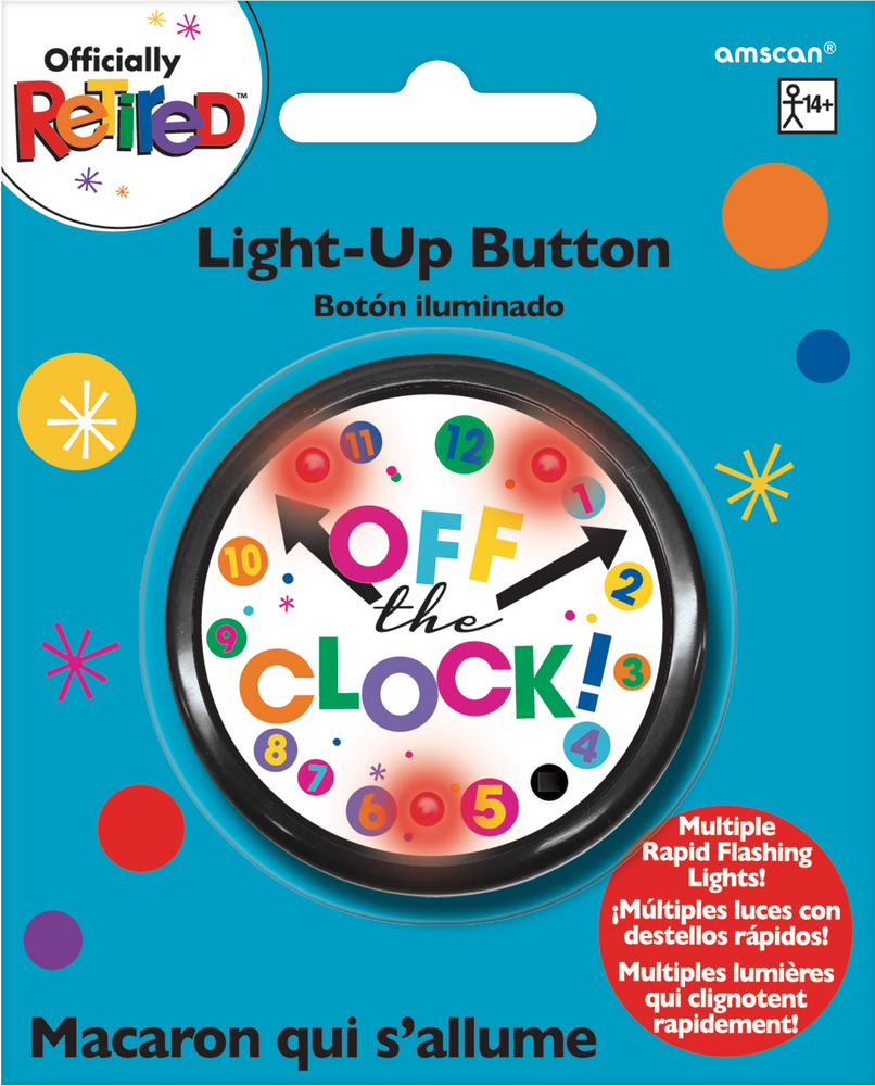 Happy Retirement "Off the Clock" Light-Up Flashing Celebration Button ...