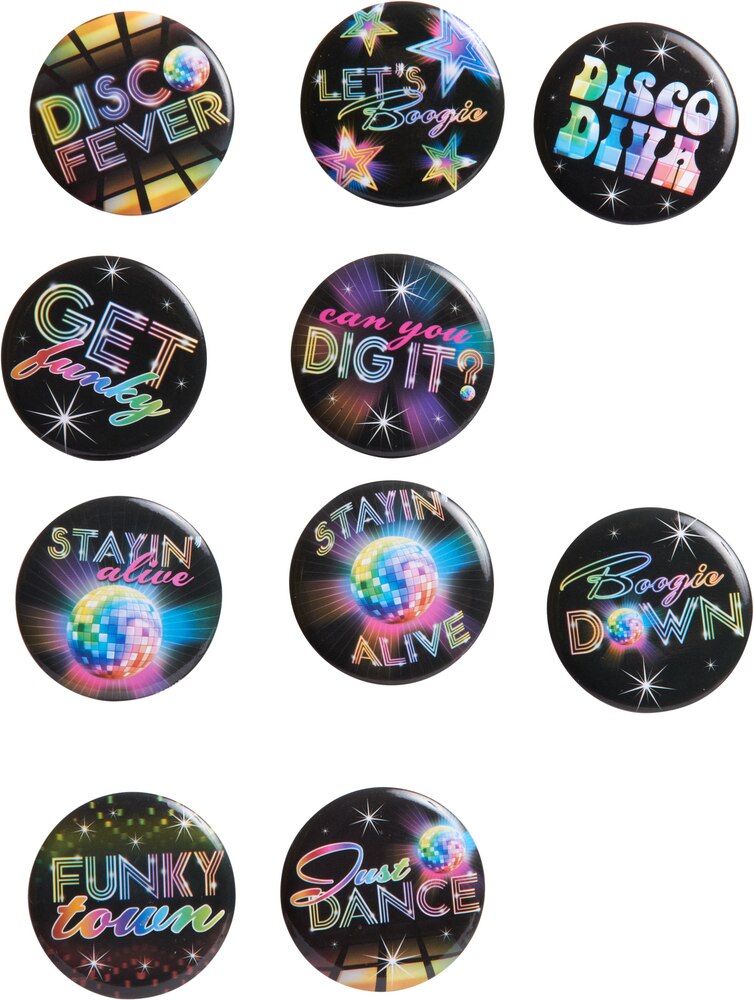 1970s "Disco Fever" Phrased Buttons, Black Multi-Coloured, One Size, 10-pk, Wearable Costume ...