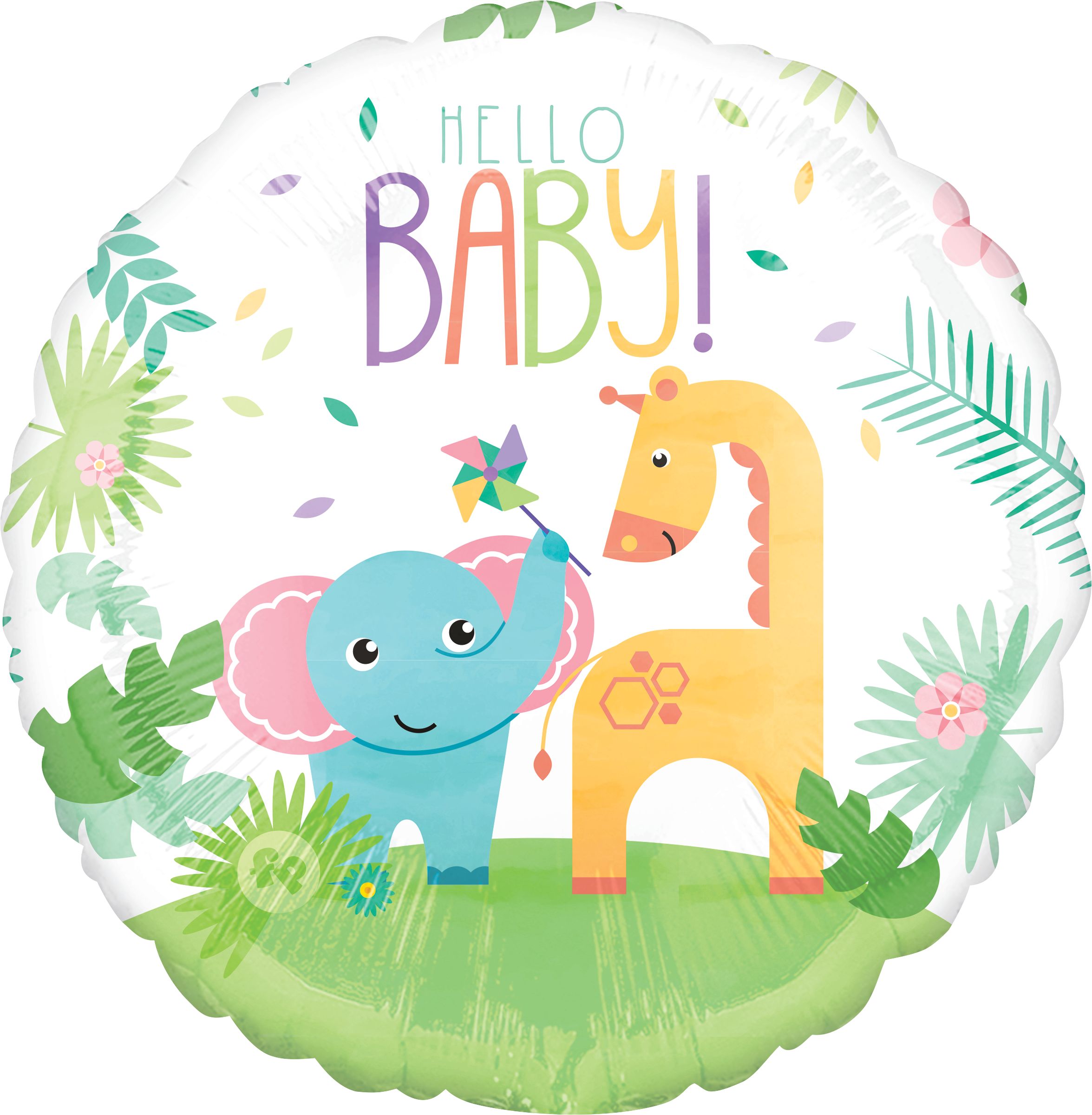 Elephant & Giraffe "Hello Baby" Round Satin Foil Balloon, Multi-Colour ...