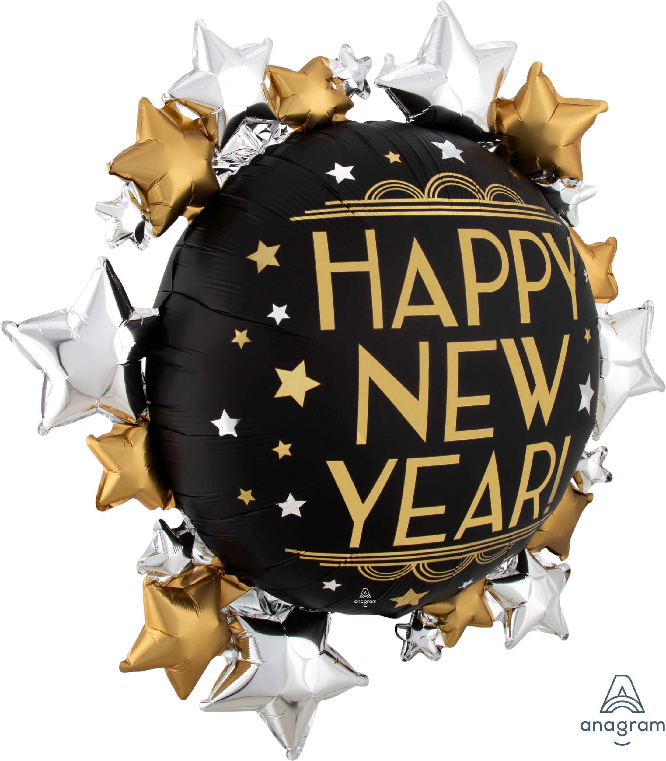 Happy New Year Round And Stars Satin Foil Balloon Goldblack 30 In Helium Inflation And Ribbon