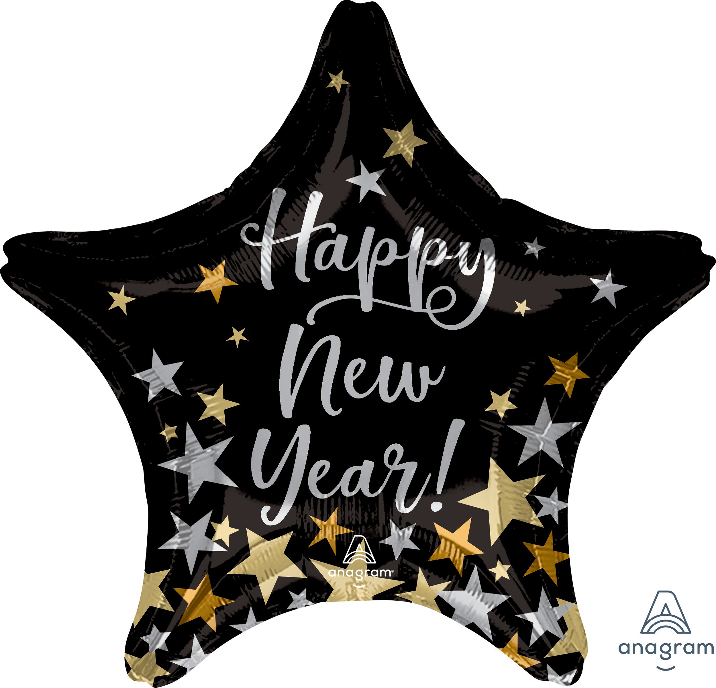 Happy New Year Star Satin Foil Balloon Goldblack 18 In Helium Inflation And Ribbon Included