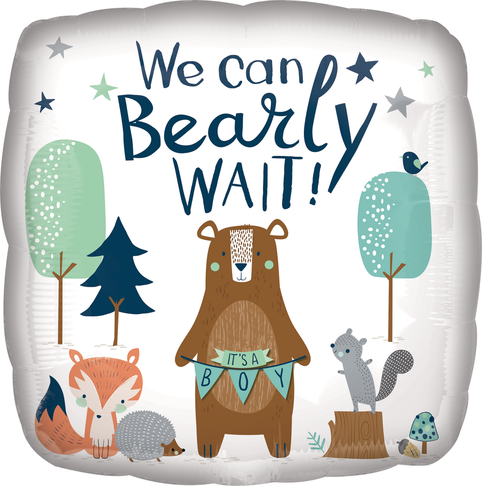 We Can Bearly Wait It's a Boy Square Foil Balloon for Baby Shower, Helium Inflation Included, 17 ...