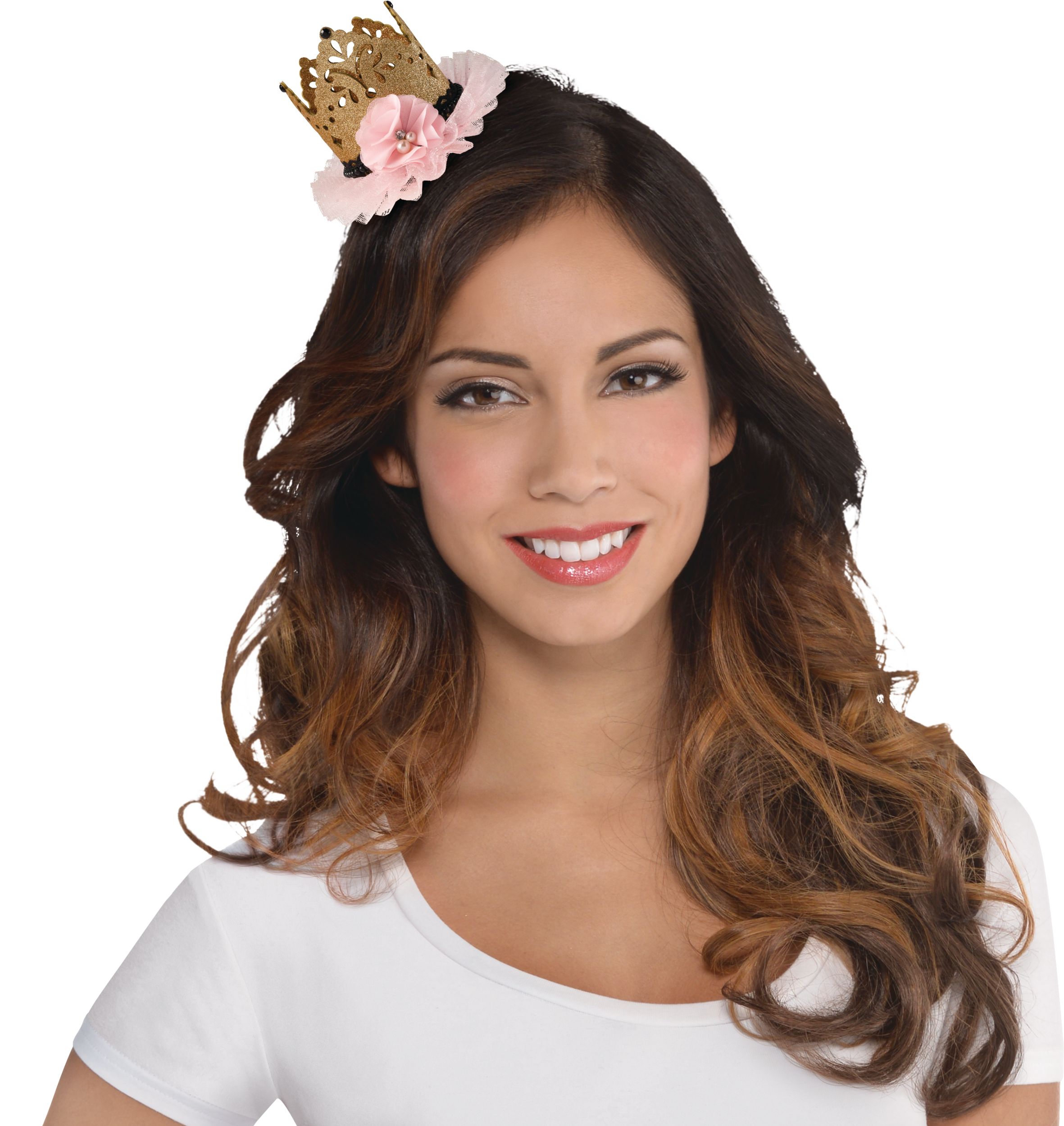 Glitter Gold & Pink Mini Crown Hair Clip | Party City