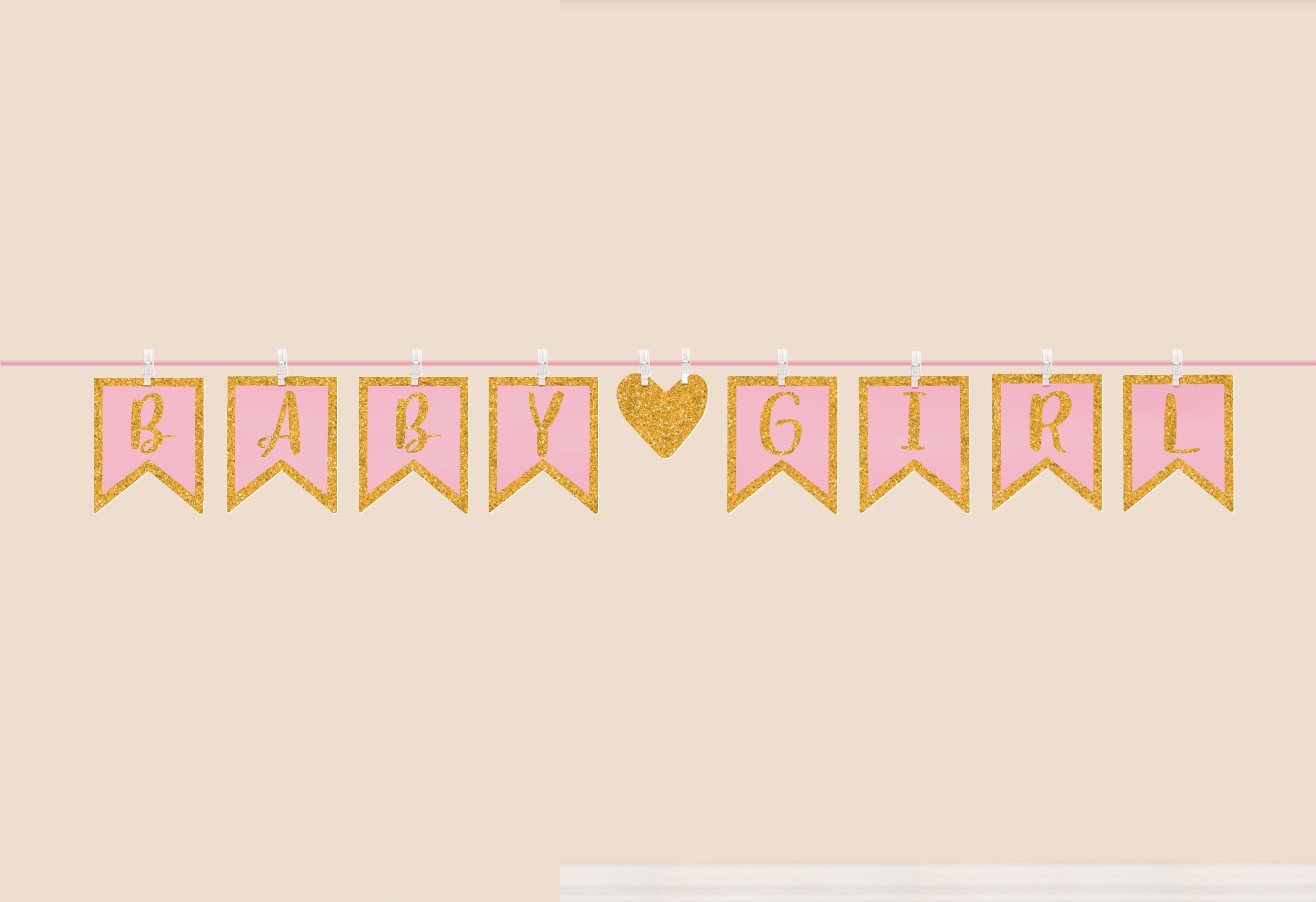 "Baby Girl" Clothespin Hanging Garland Banner Decoration, Pink/Gold, 9 ...