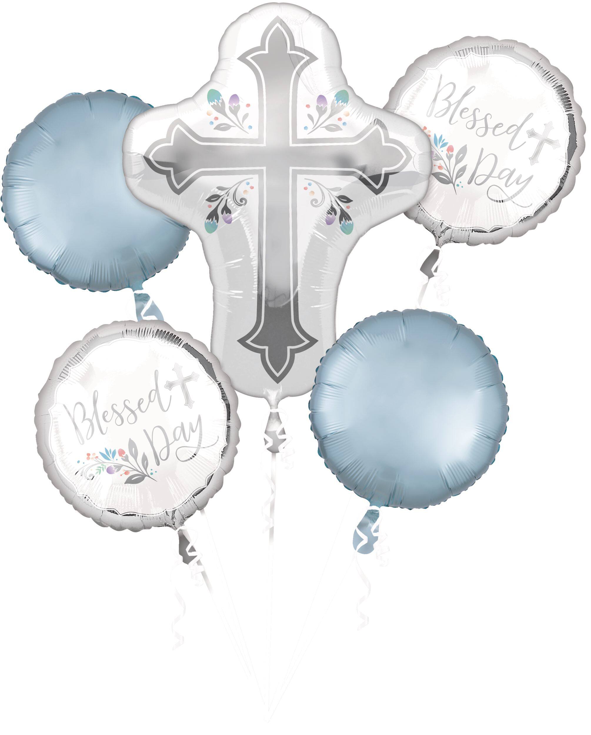 Holy Day "Blessed Day" Cross Satin Foil Balloon Bouquet, Blue/Silver, 5 ...