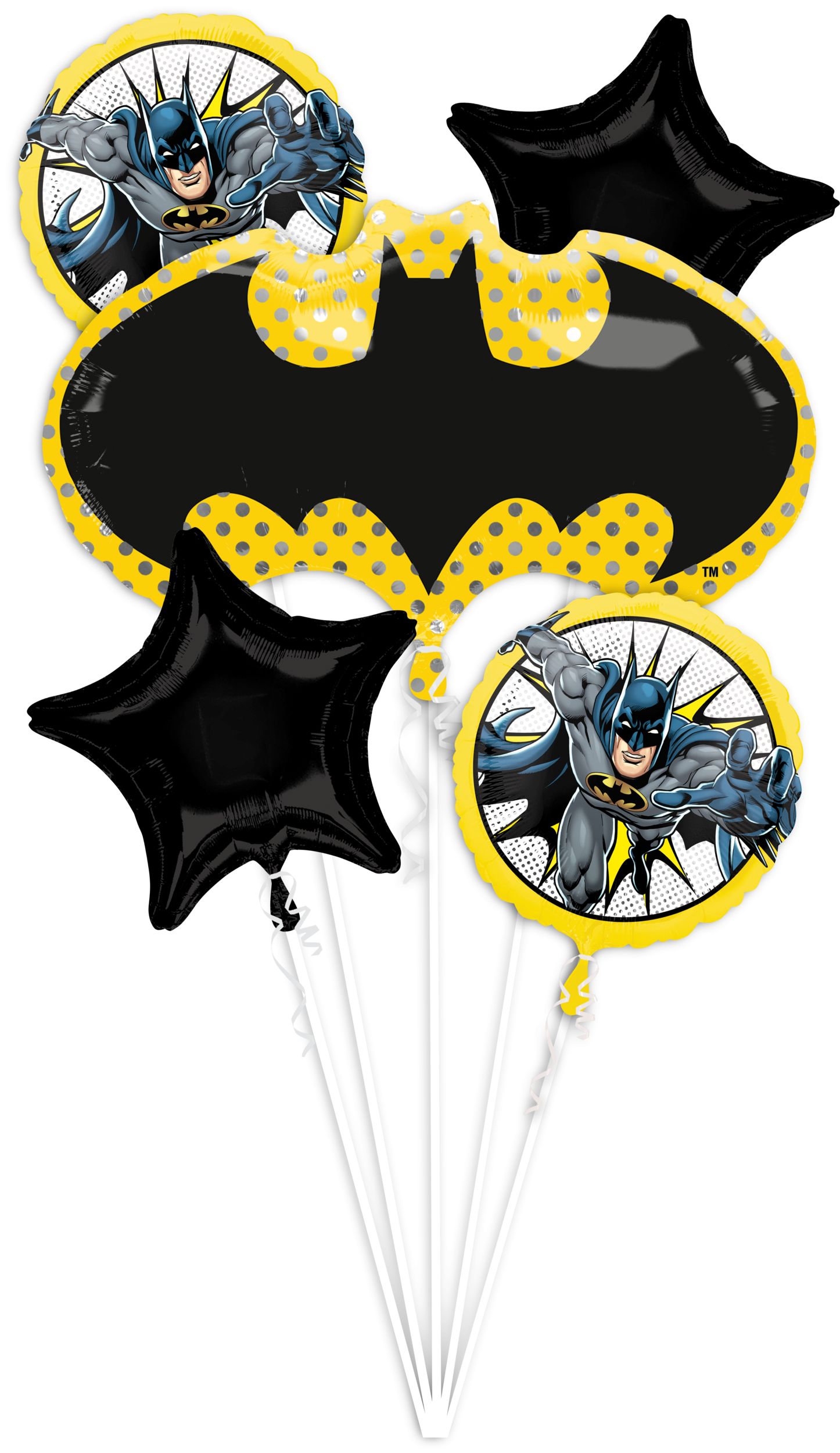 DC Batman Logo/Star/Round Satin Foil Balloon Bouquet, Black/Yellow, 5 ...