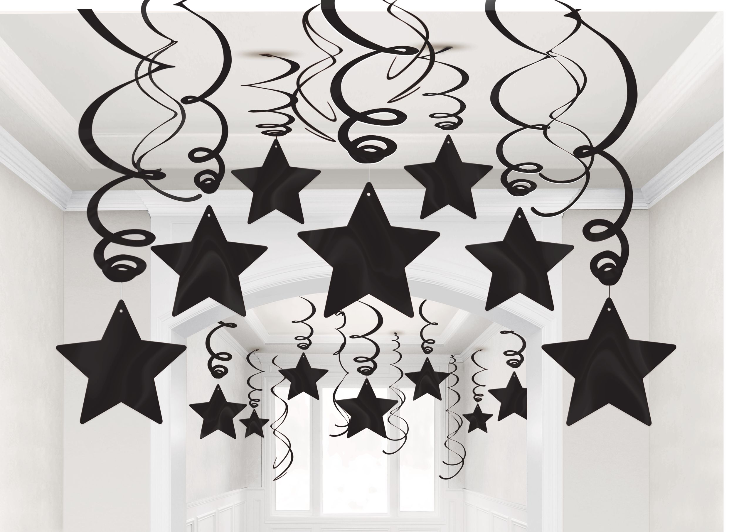 Star Swirl Hanging Decorations, Black, 11-in, 30-pk, for New Year's Eve ...