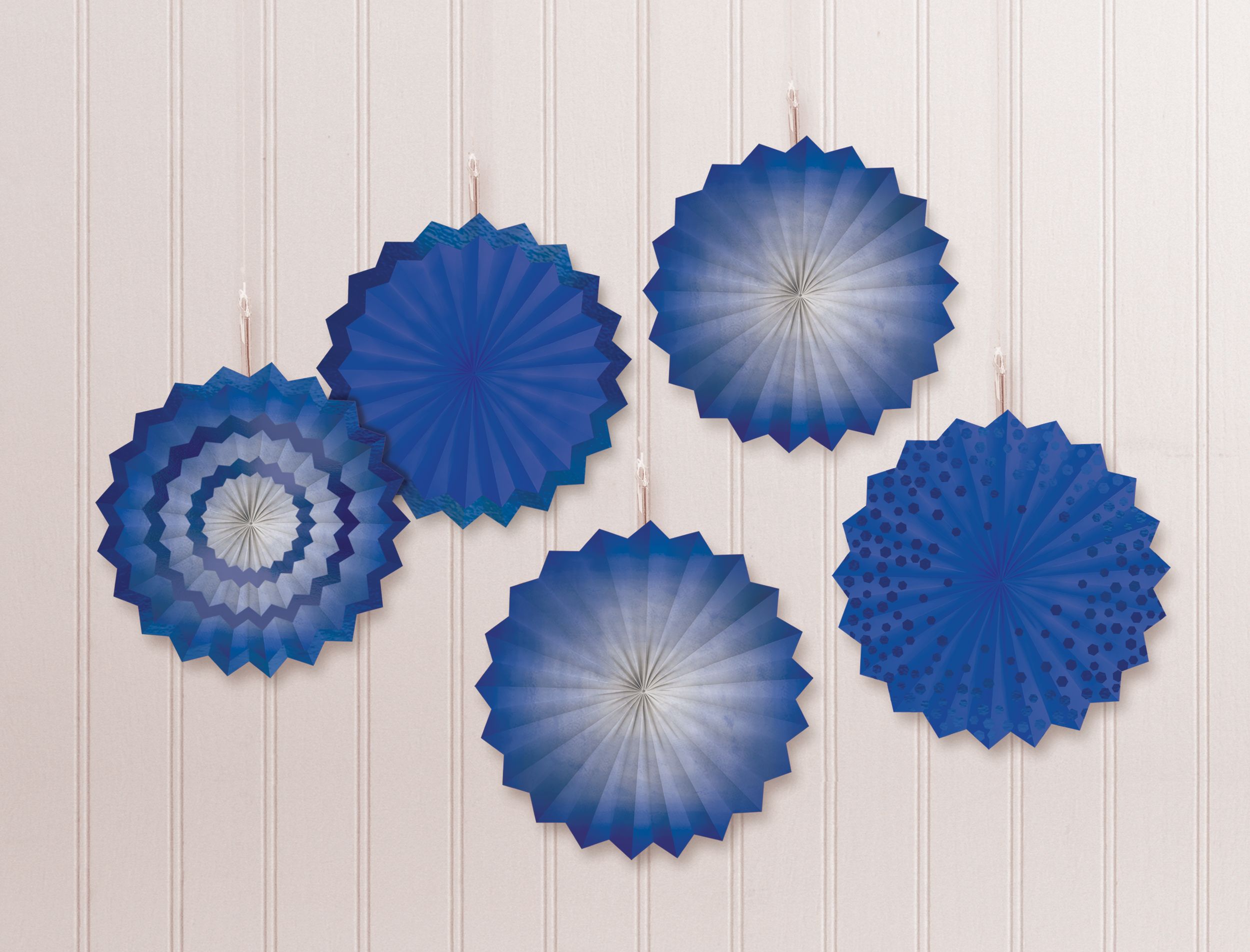 Mini Royal Blue Patterned Paper Fan Decorations, 5-ct | Party City