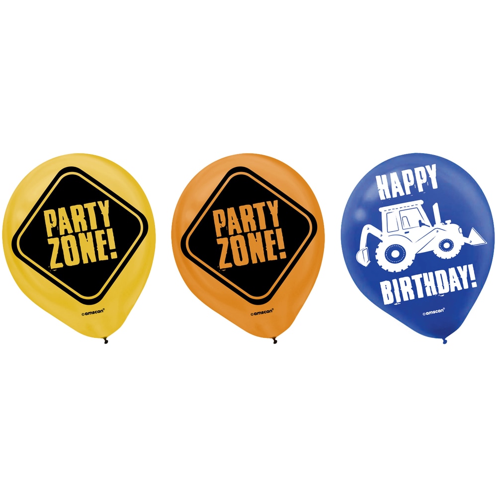 Construction "Party Zone" Round Latex Balloons, Gold/Orange/Blue, 12-in ...