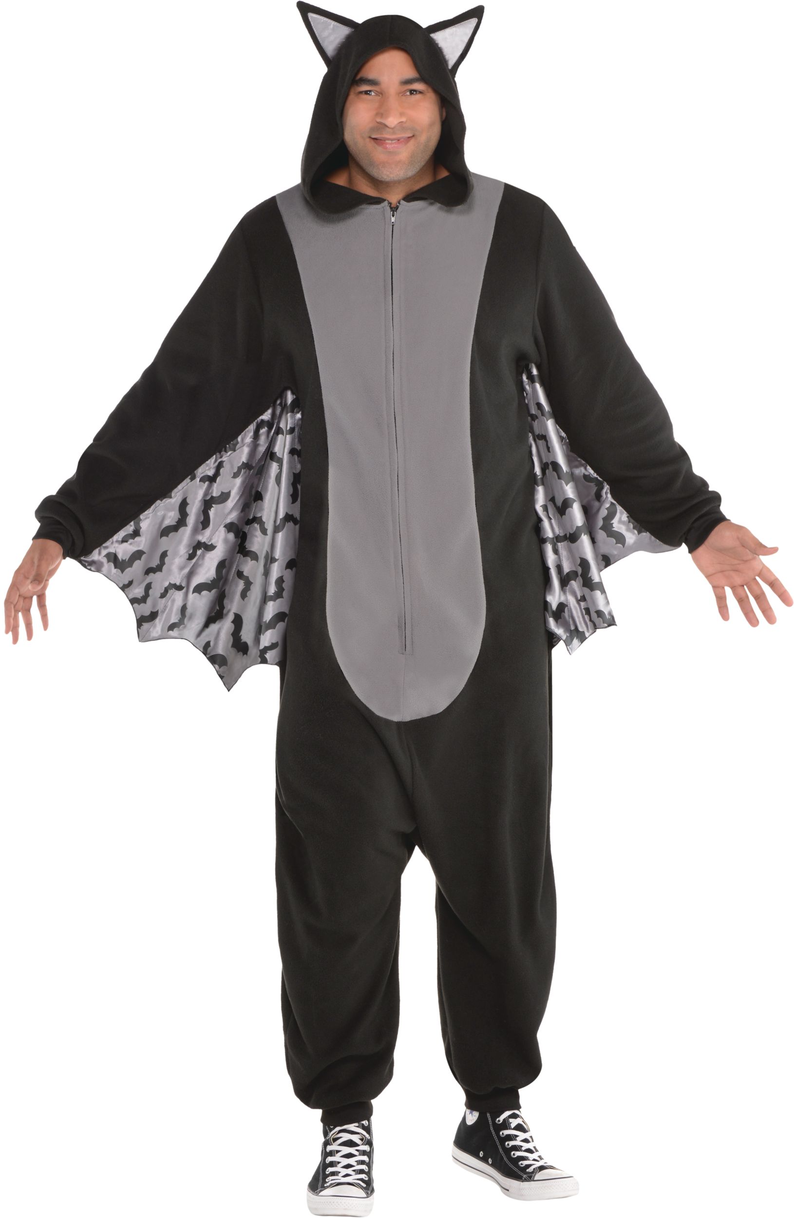 Adult Bat Black/Grey Jumpsuit with Hood & Wings Halloween Costume ...