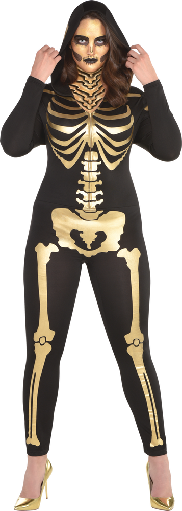 Women's Skeleton Black/Gold Jumpsuit with Hood Halloween Costume, Plus ...