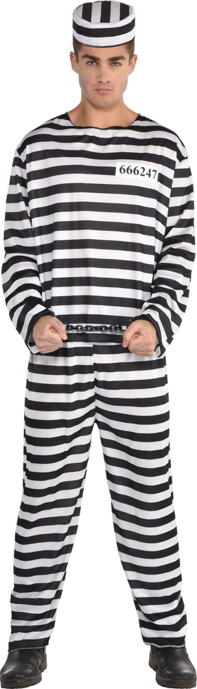Men's Prison Inmate Black/White Striped Outfit with Shirt/Pants/Hat ...