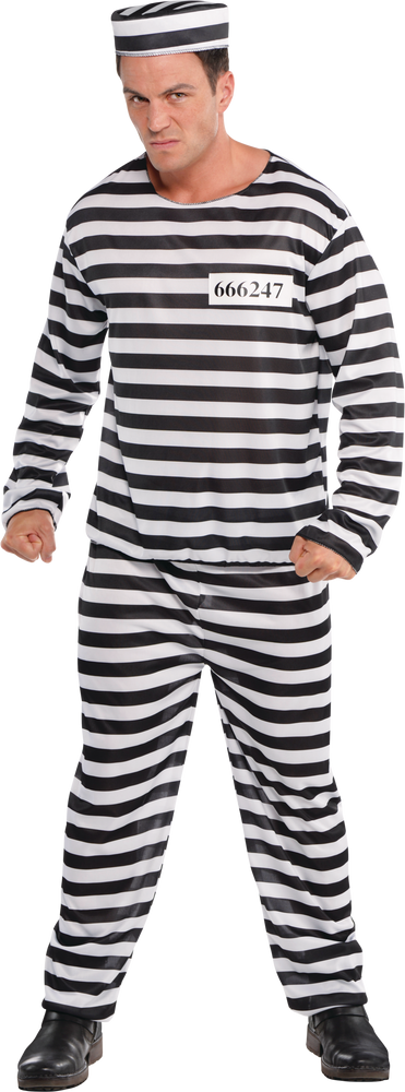 Mens Prison Inmate Black White Striped Outfit With Shirt Pants Hat