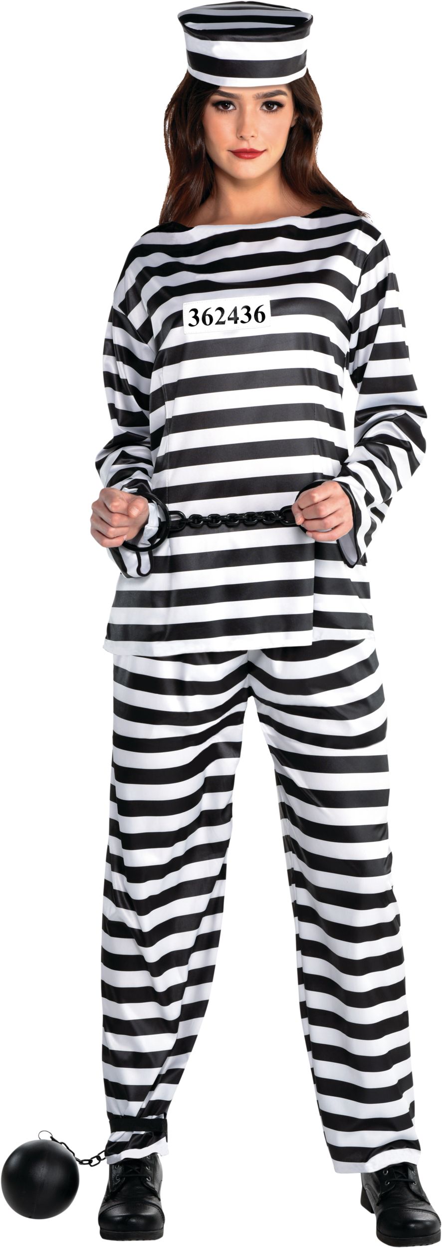 Women's Prison Inmate Black/White Striped Outfit with Shirt/Pants/Hat ...