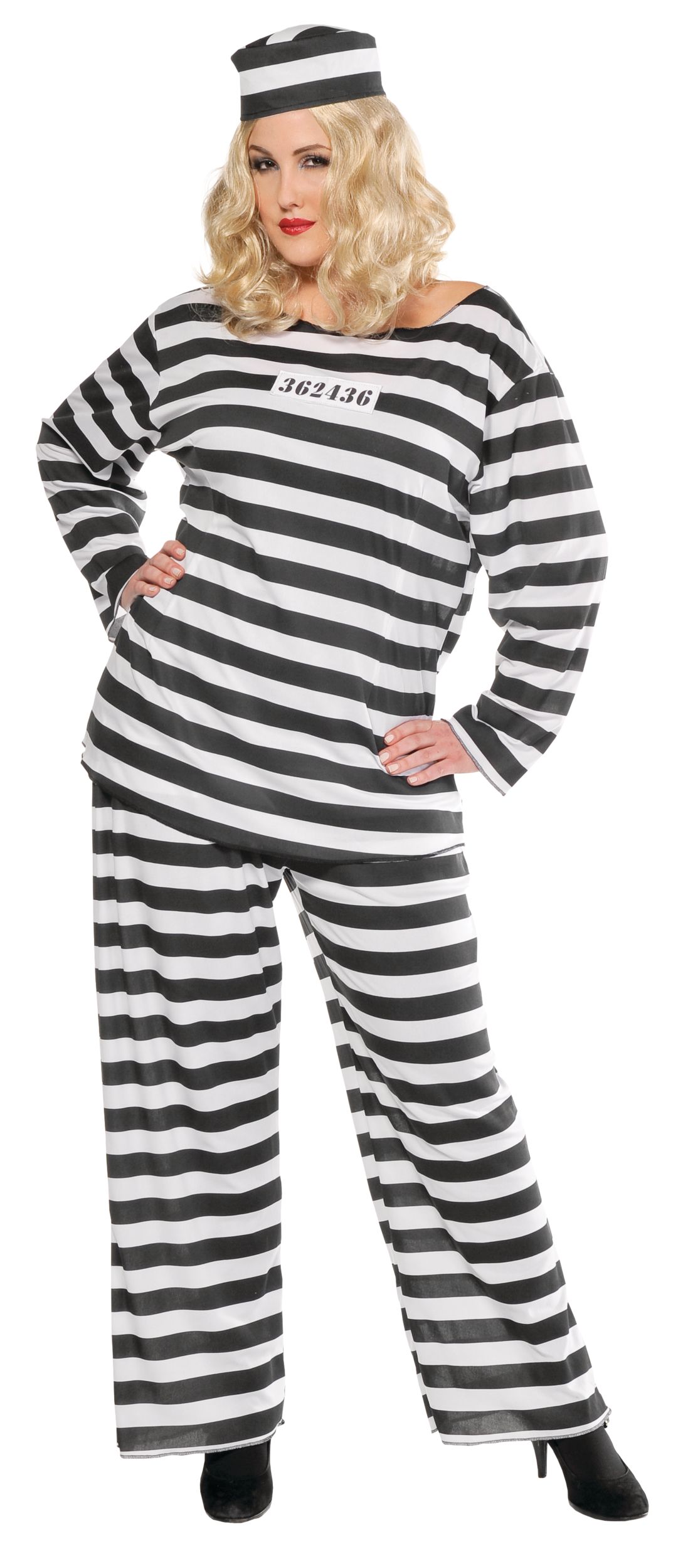 Women's Prison Inmate Black/White Striped Outfit with Shirt/Pants/Hat ...