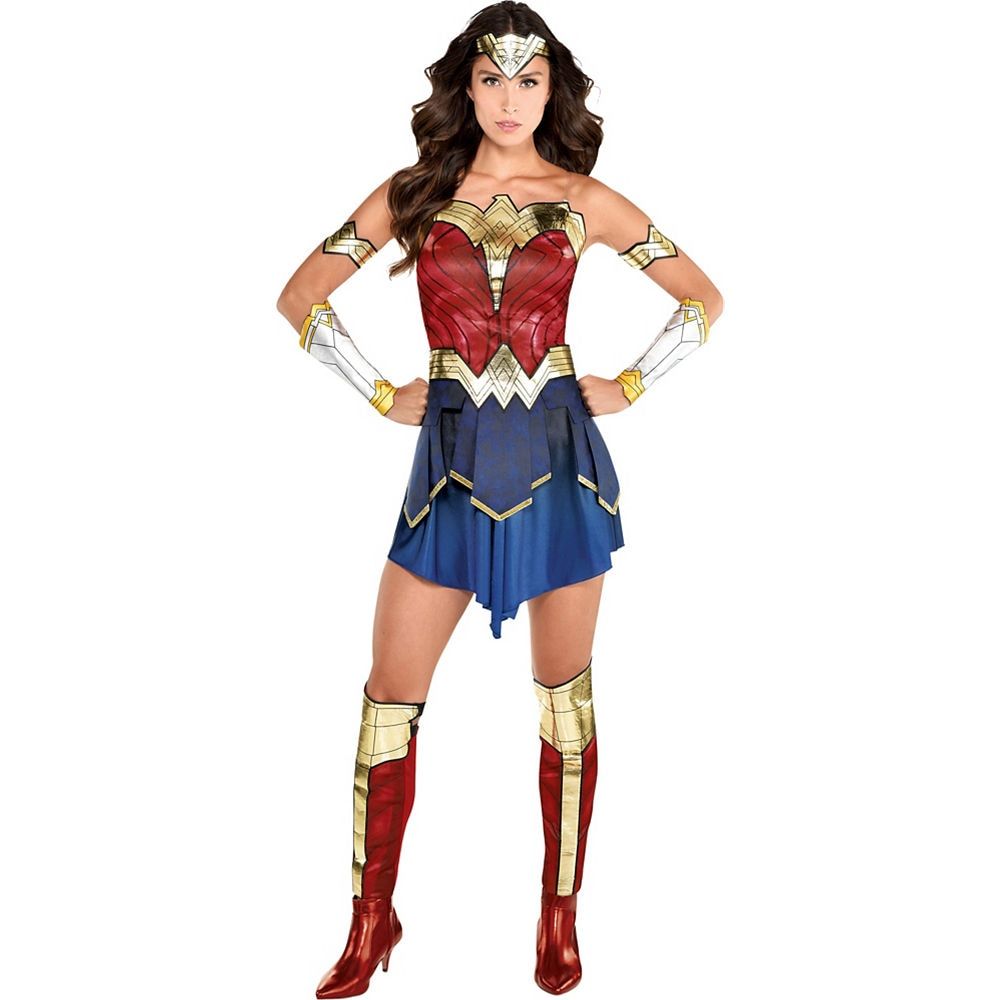Costume DC Wonder Woman, femmes, robe rouge/bleu avec gantelets/diadème ...