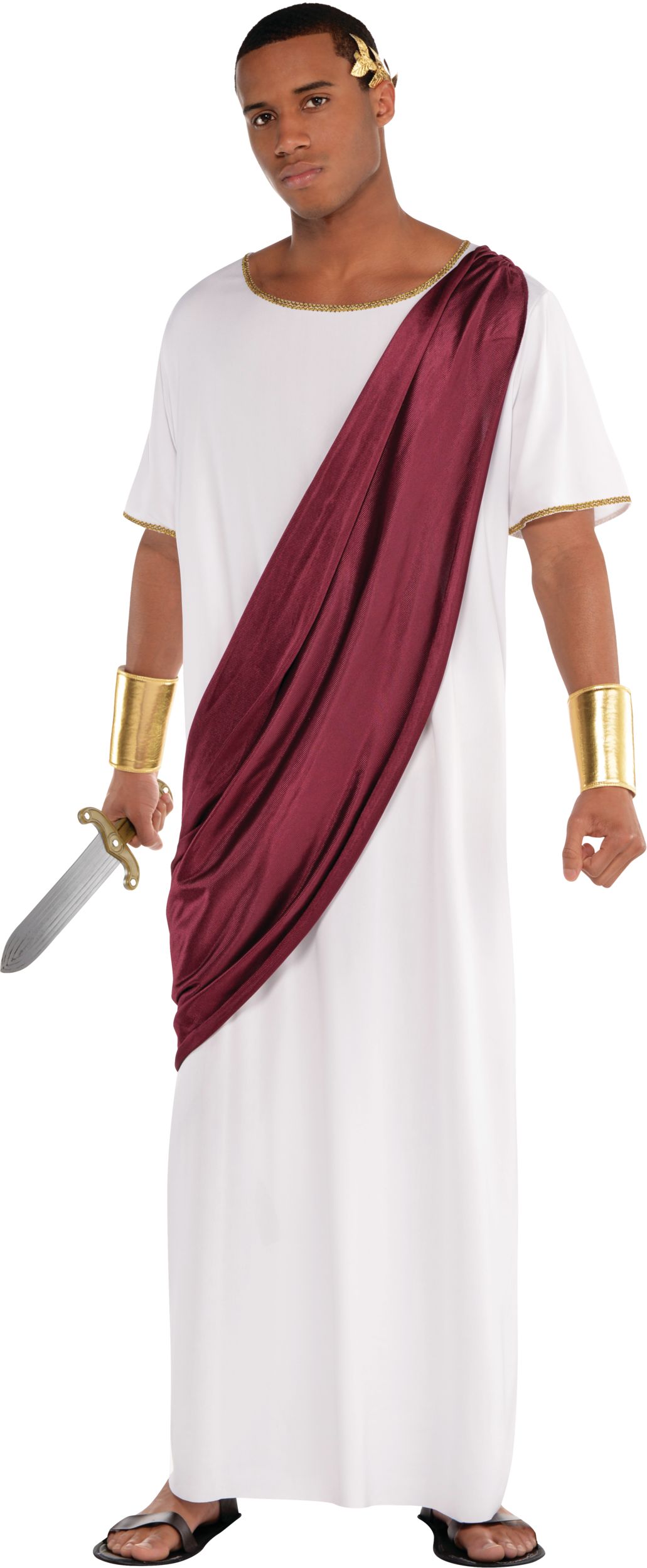 Men's Augustus Caesar White/Maroon Toga with Cuffs & Headband Halloween ...