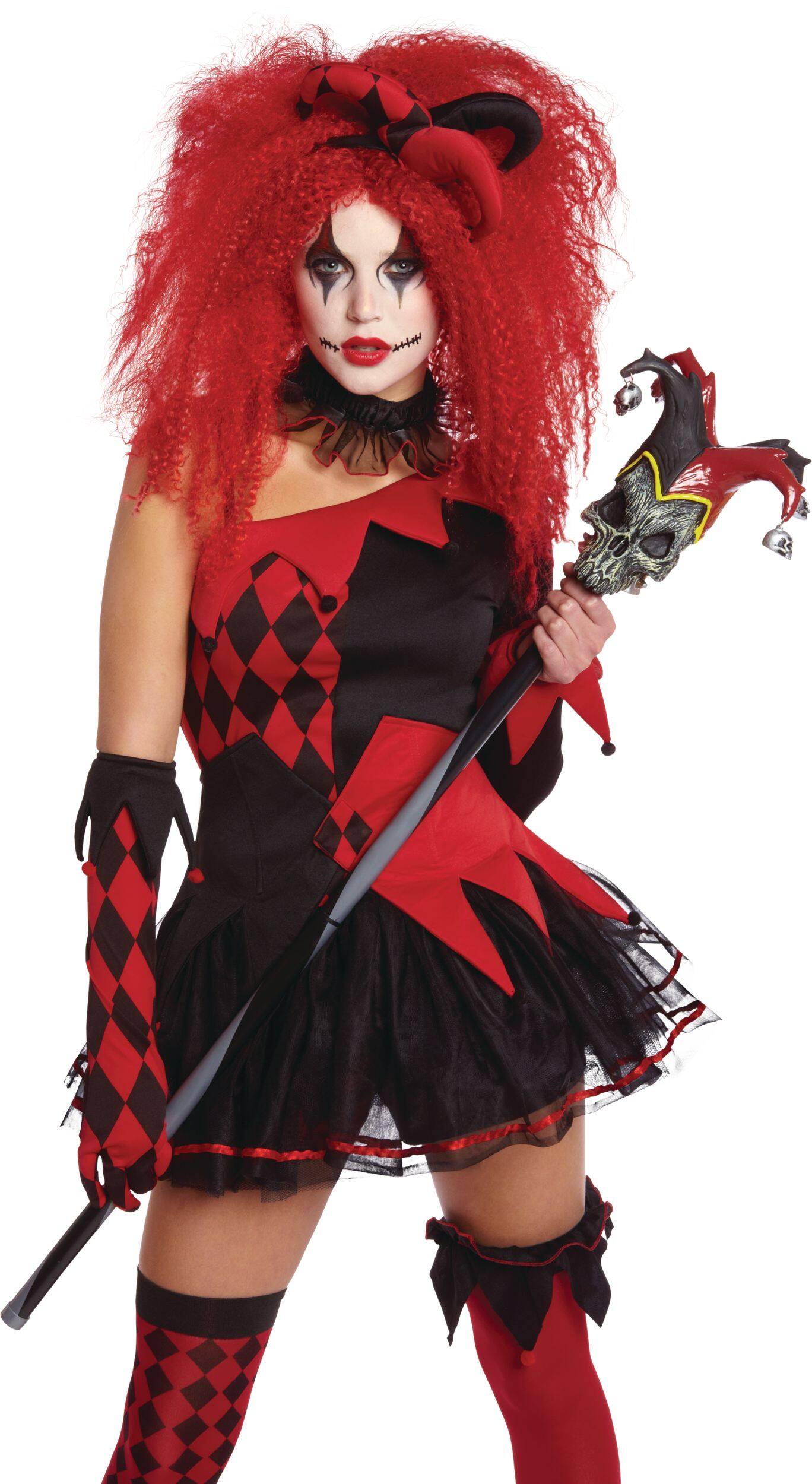 Women's Punky Jester Black/Red Dress with Headband & Stockings ...