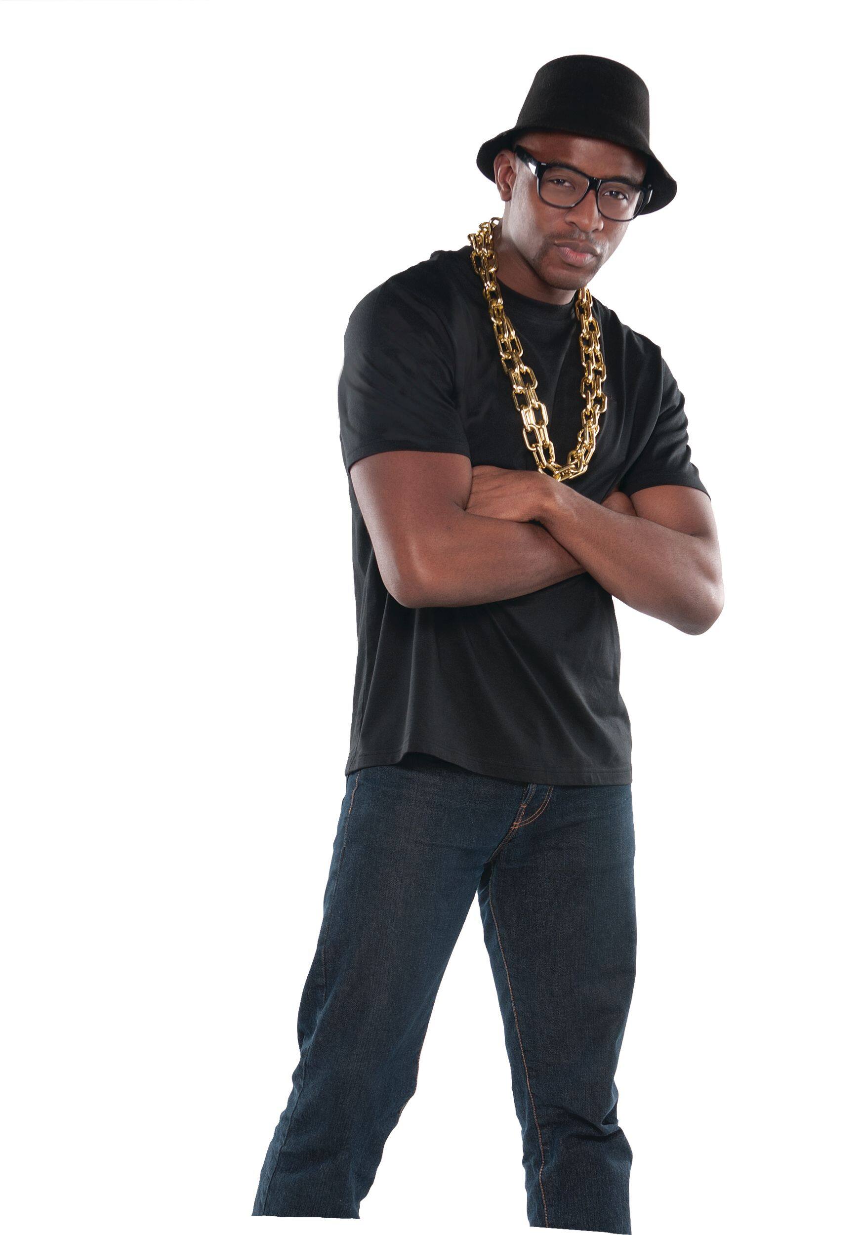 1980s Old School Rapper Kit with Necklace, Glasses & Hat, Black/Gold ...