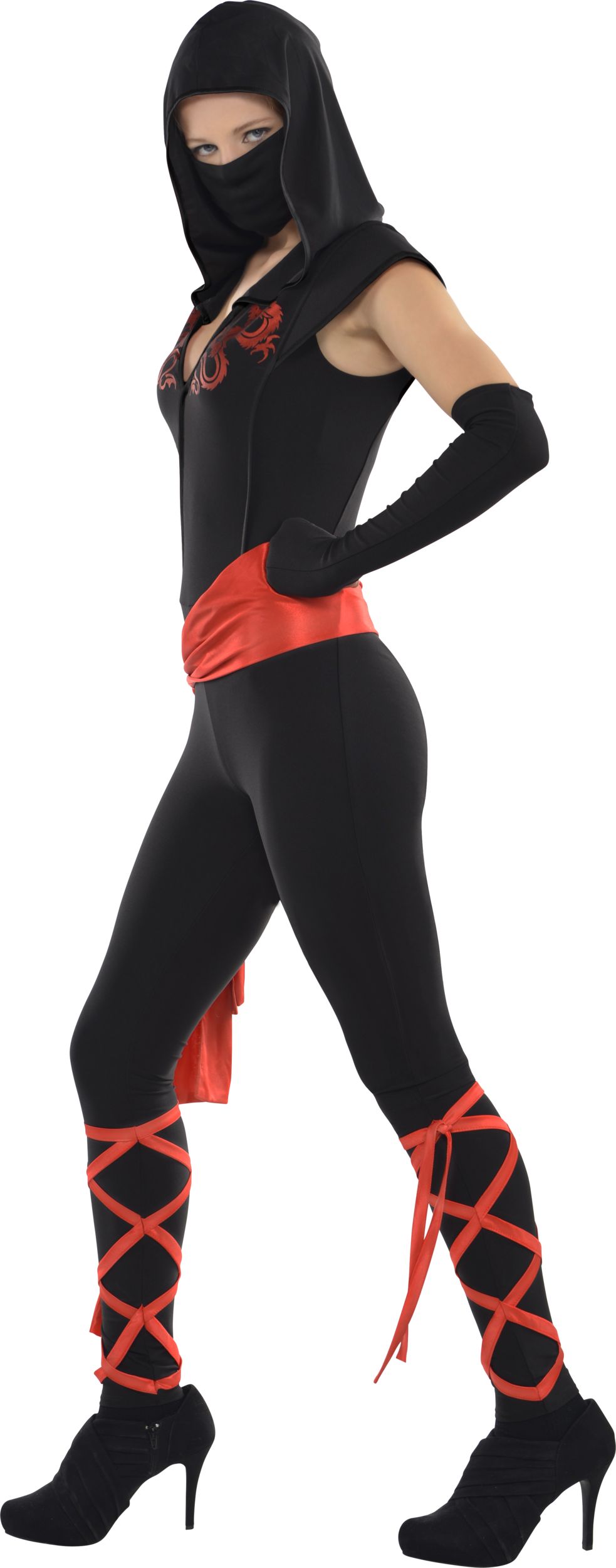 Women's Ninja Black/Red Jumpsuit with Hood & Gloves Halloween Costume ...
